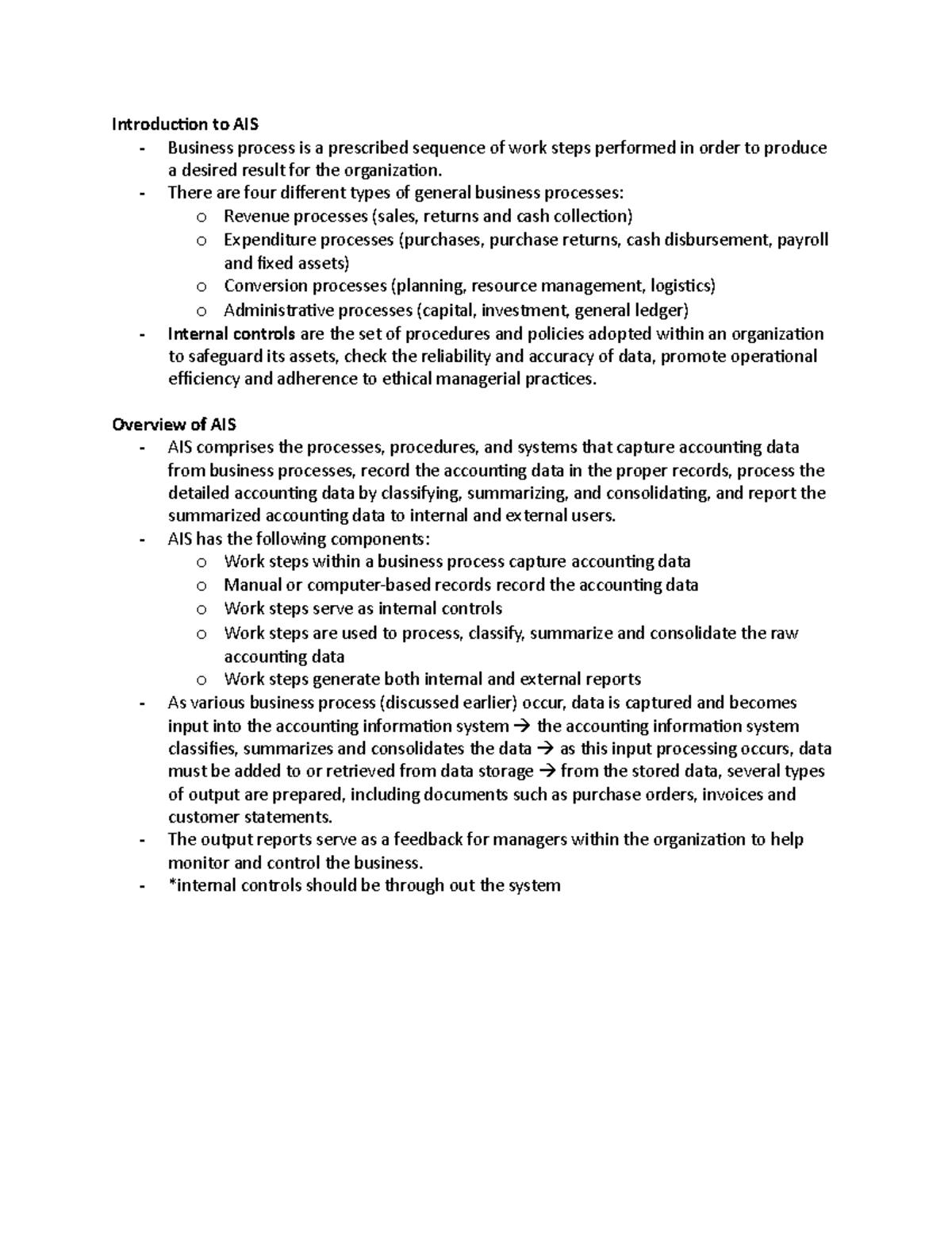 Chapter 1 - Introduction to AIS - Business process is a prescribed ...