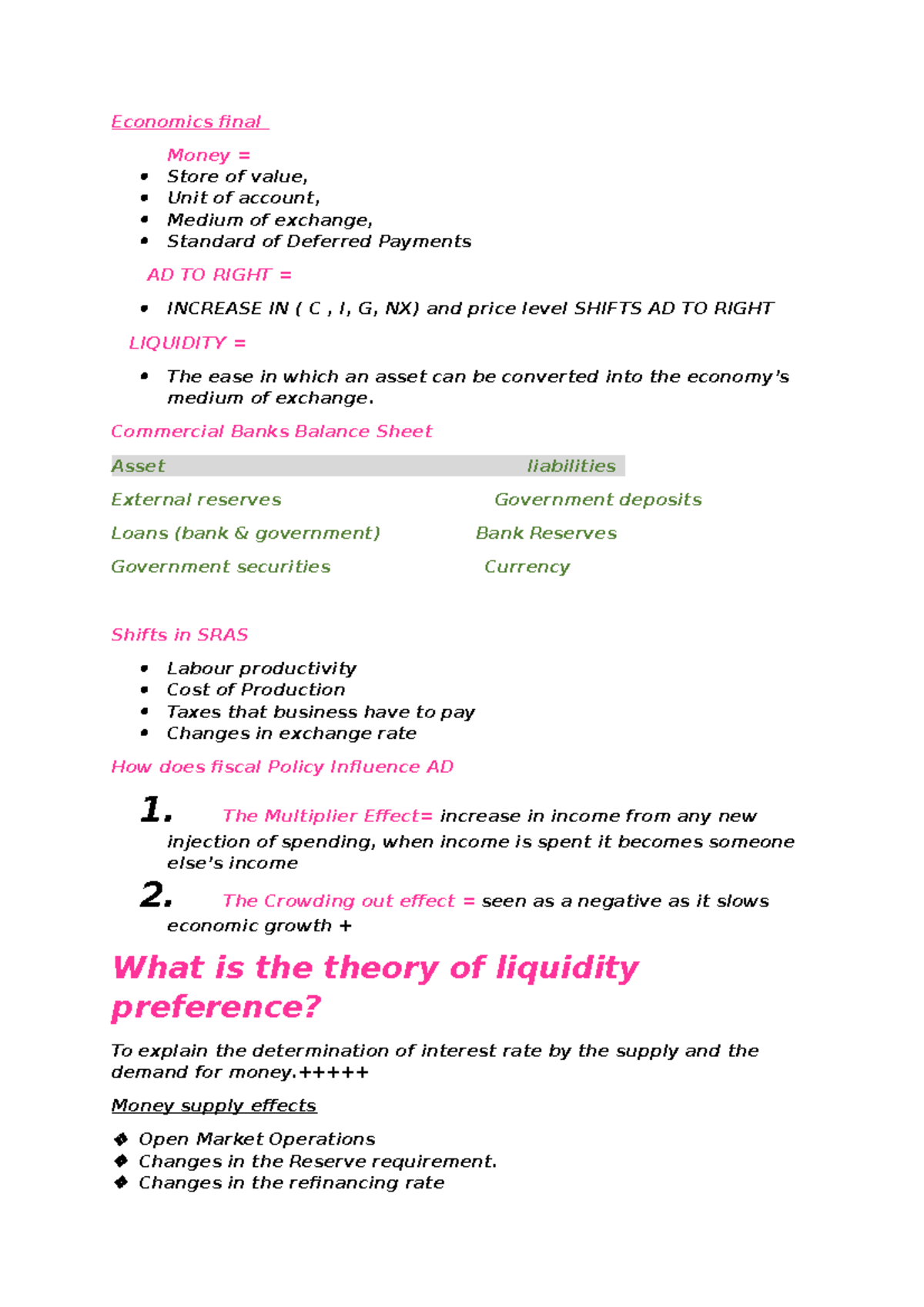 Economics final - Economics final Money = Store of value, Unit of ...