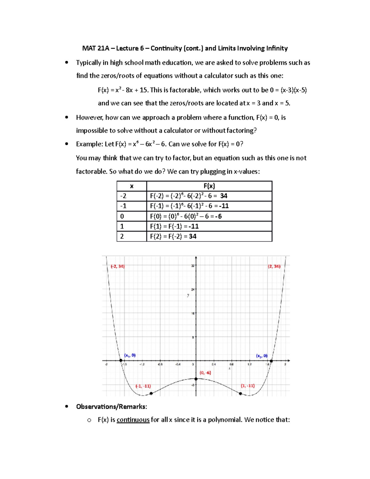 MAT 21A – Lecture 6 – Continuity and Limits Involving Infinity - MAT 21A Lecture 6 Continuity ...