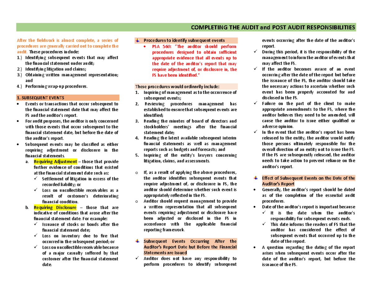 Completing THE Audit and POST Audit Responsibilities - COMPLETING THE ...