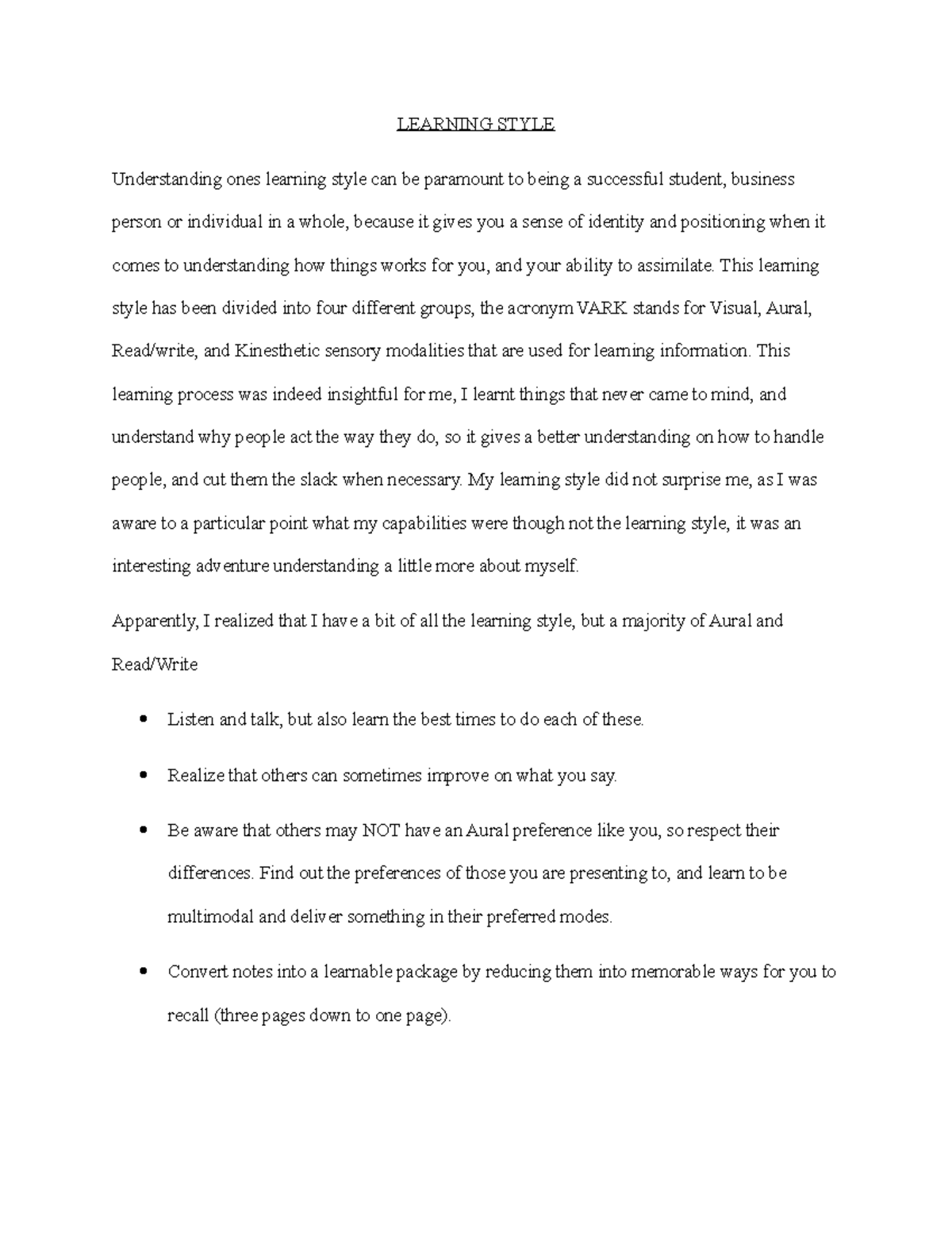 Learning Style -learning journal unit 6 - LEARNING STYLE Understanding ...