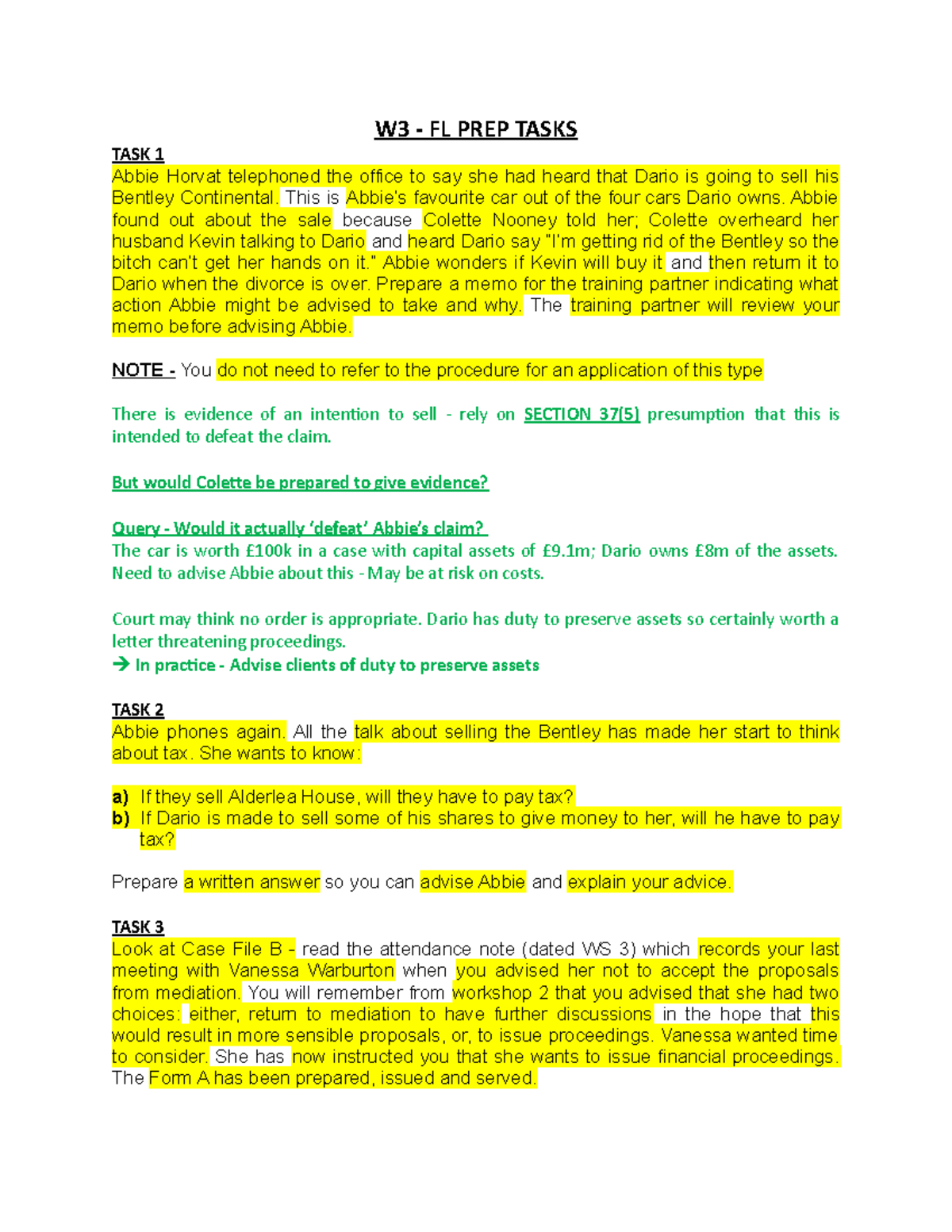 Financial Relief - W3 - FL PREP TASKS TASK 1 Abbie Horvat telephoned the office to say she had ...