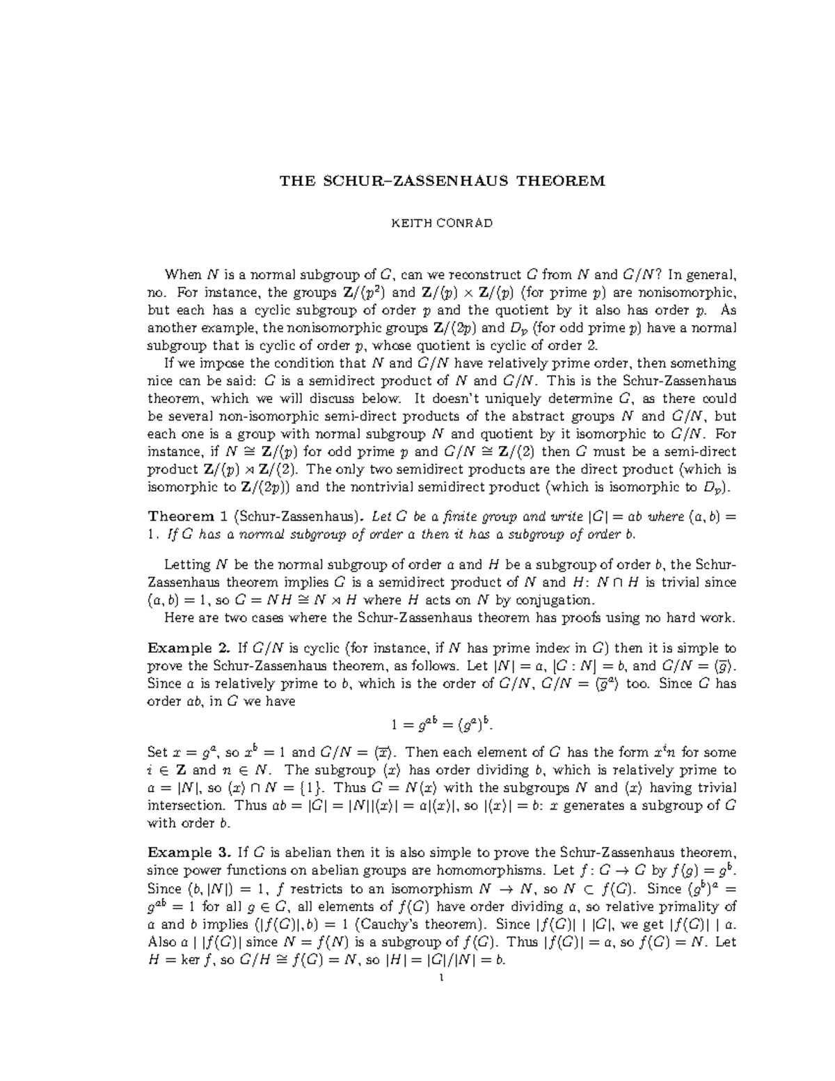 Schurzass - NOTES FOR COURSE - THE SCHUR–ZASSENHAUS THEOREM KEITH ...
