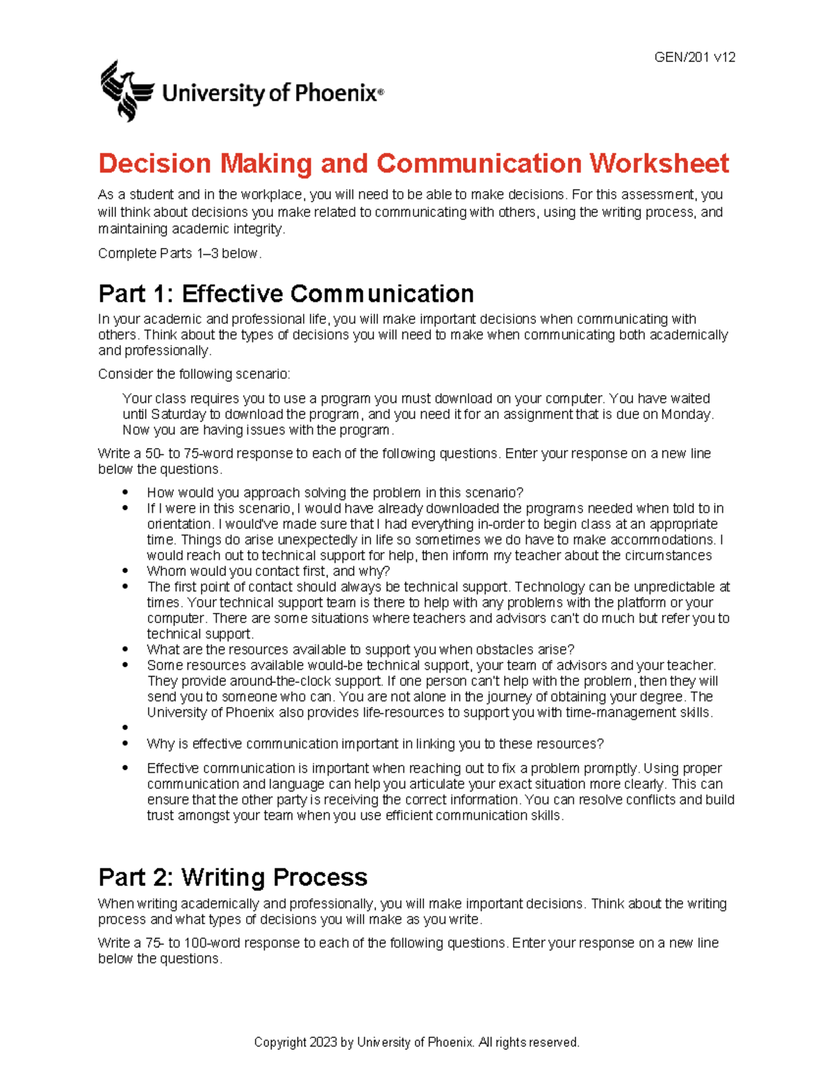 Week 3 Worksheet Done - GEN/201 v Decision Making and Communication ...