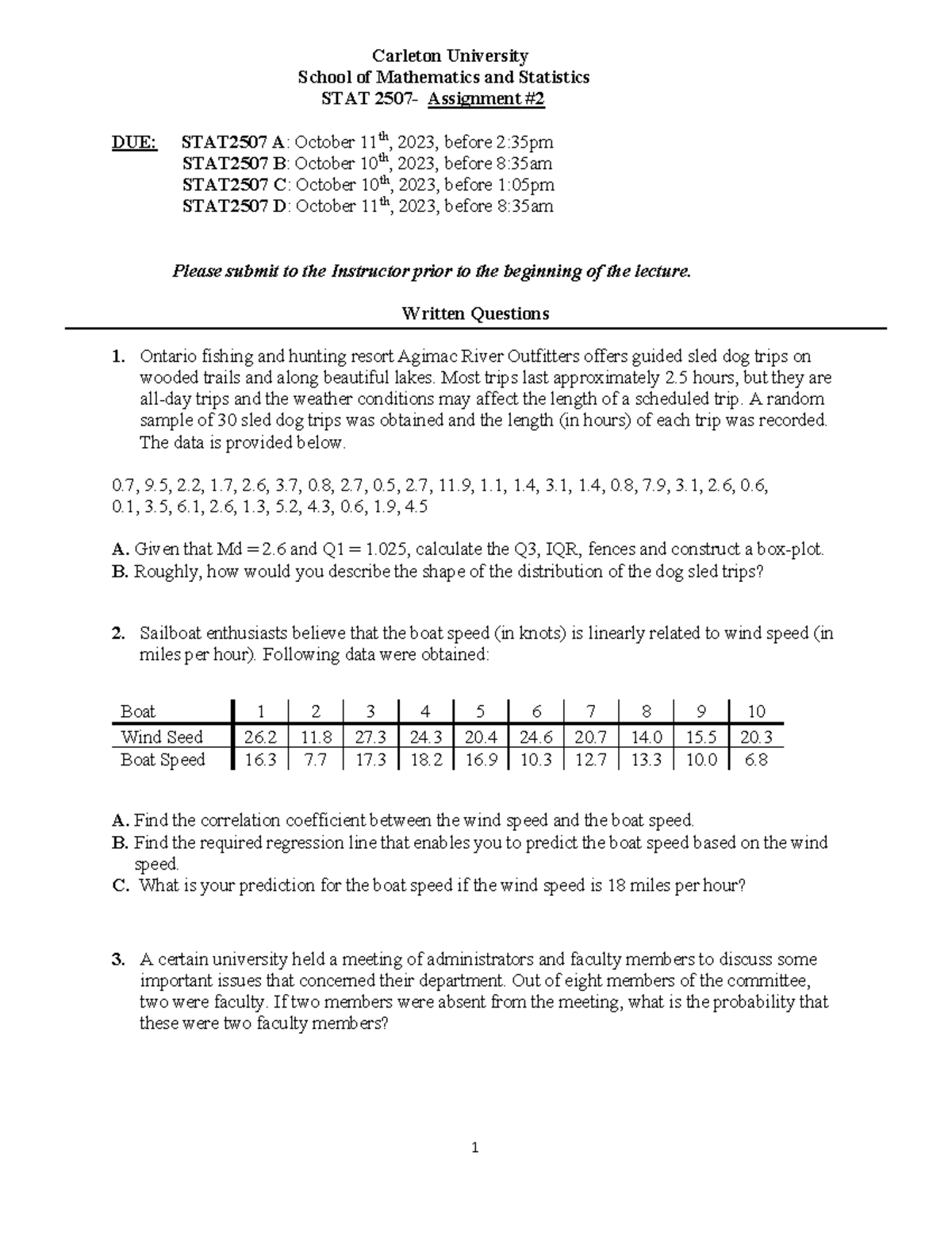 STAT 2507 Assignment 2 - 1 Carleton University School of Mathematics ...