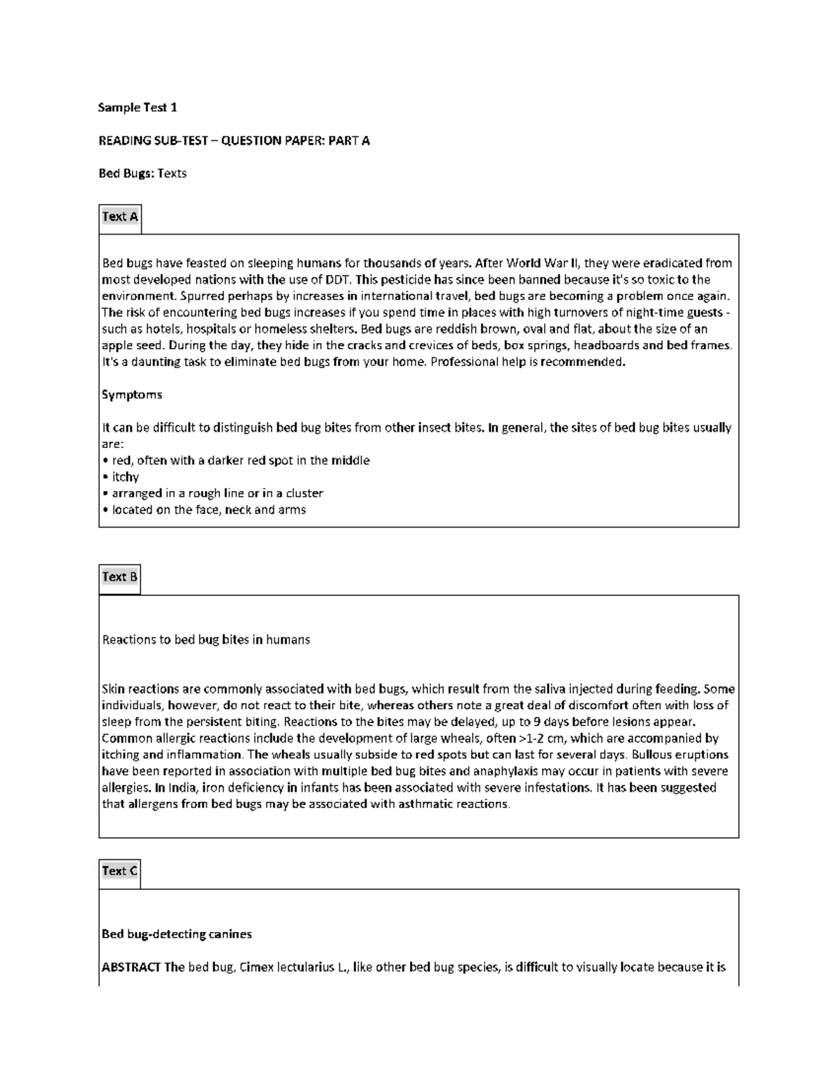 Bedbugs - oet reading question and answer - Sample Test 1 READING SUB ...