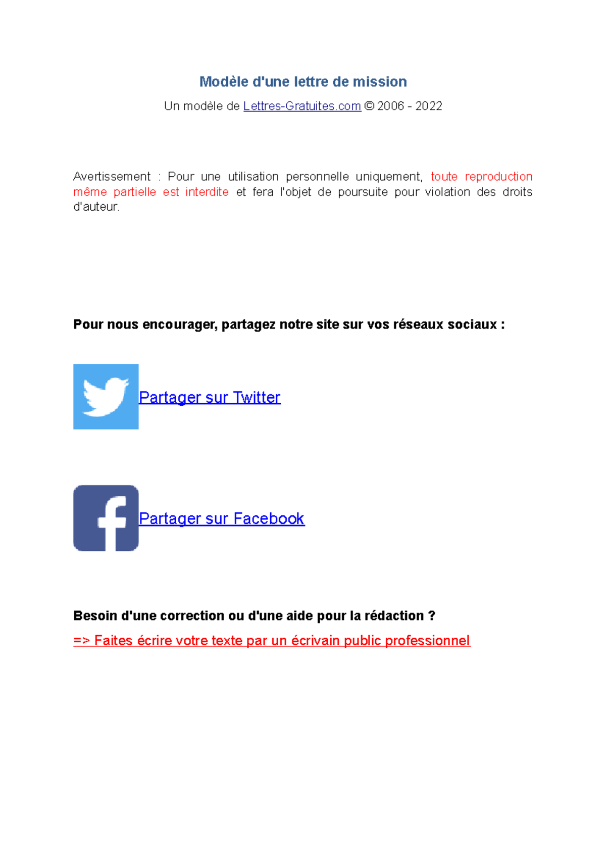 Exemple de lettre de mission - Modèle d'une lettre de mission Un modèle ...