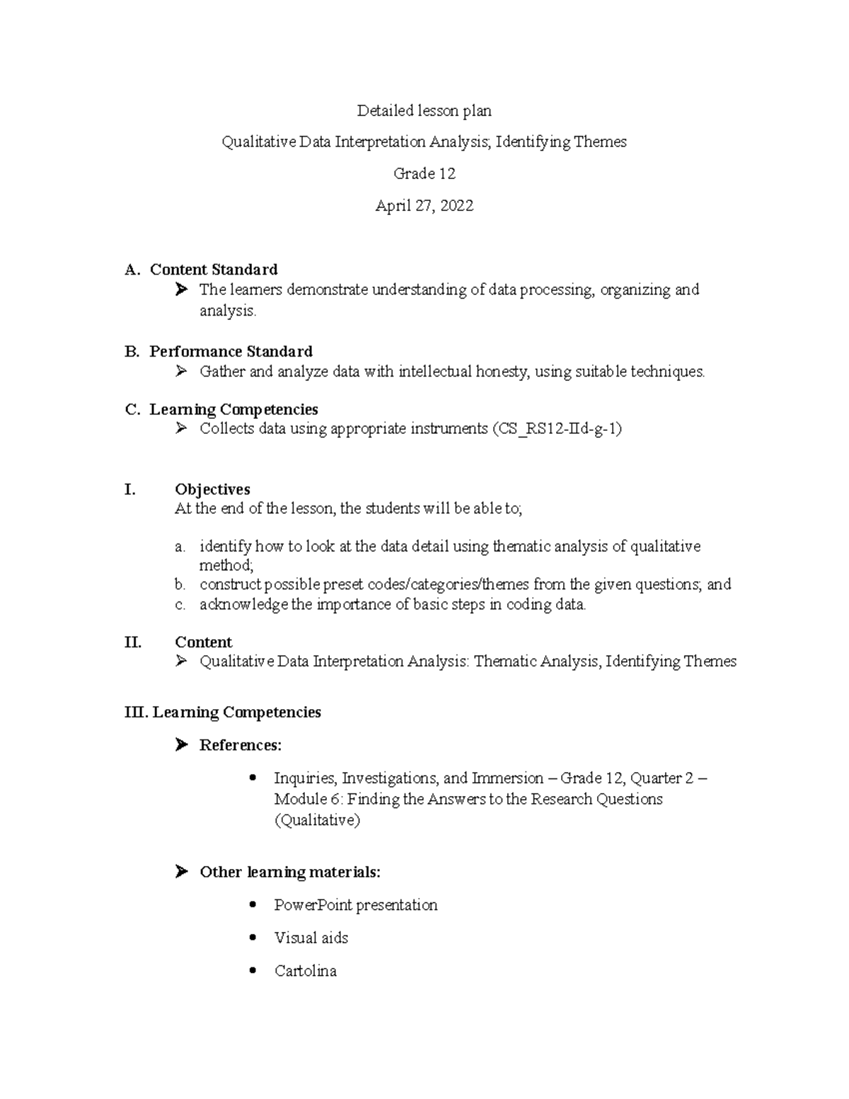 FD April 27 - N/A - Detailed lesson plan Qualitative Data ...