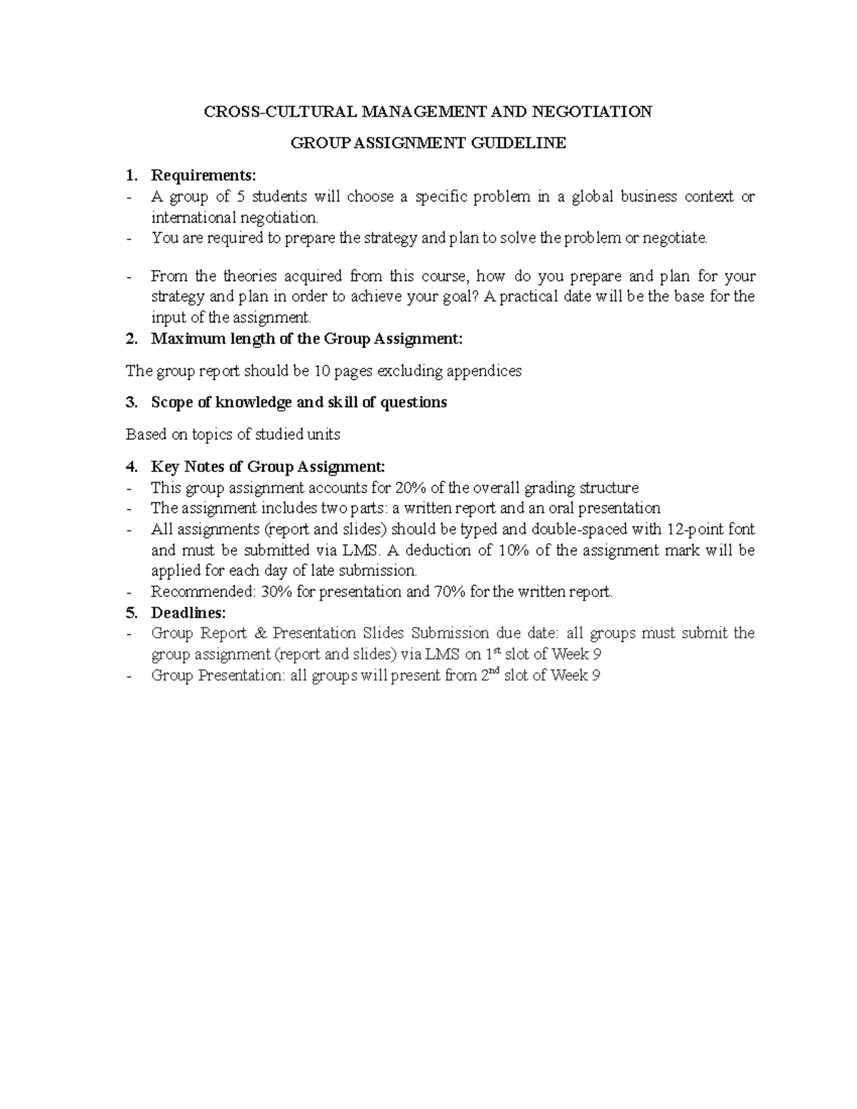 Group Assignment Guidelines - Cross-cultural mgt negotiation - CROSS-CULTURAL MANAGEMENT AND ...