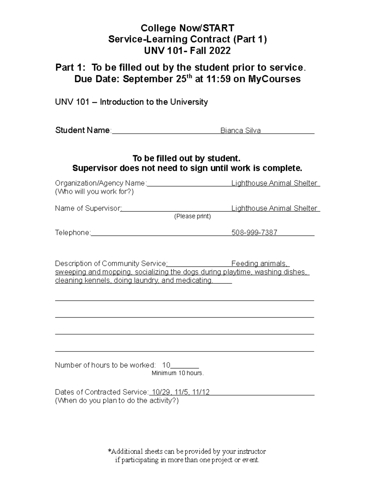 Service Learning Contract done - College Now/START Service-Learning Contract (Part 1) UNV 101 ...