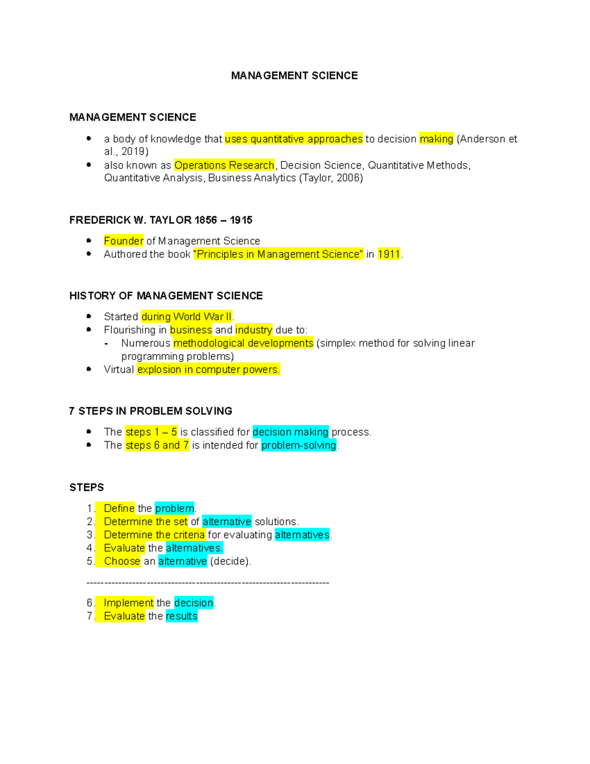 Reviewer MGT SCI (QUIZ #1) - MANAGEMENT SCIENCE MANAGEMENT SCIENCE a ...