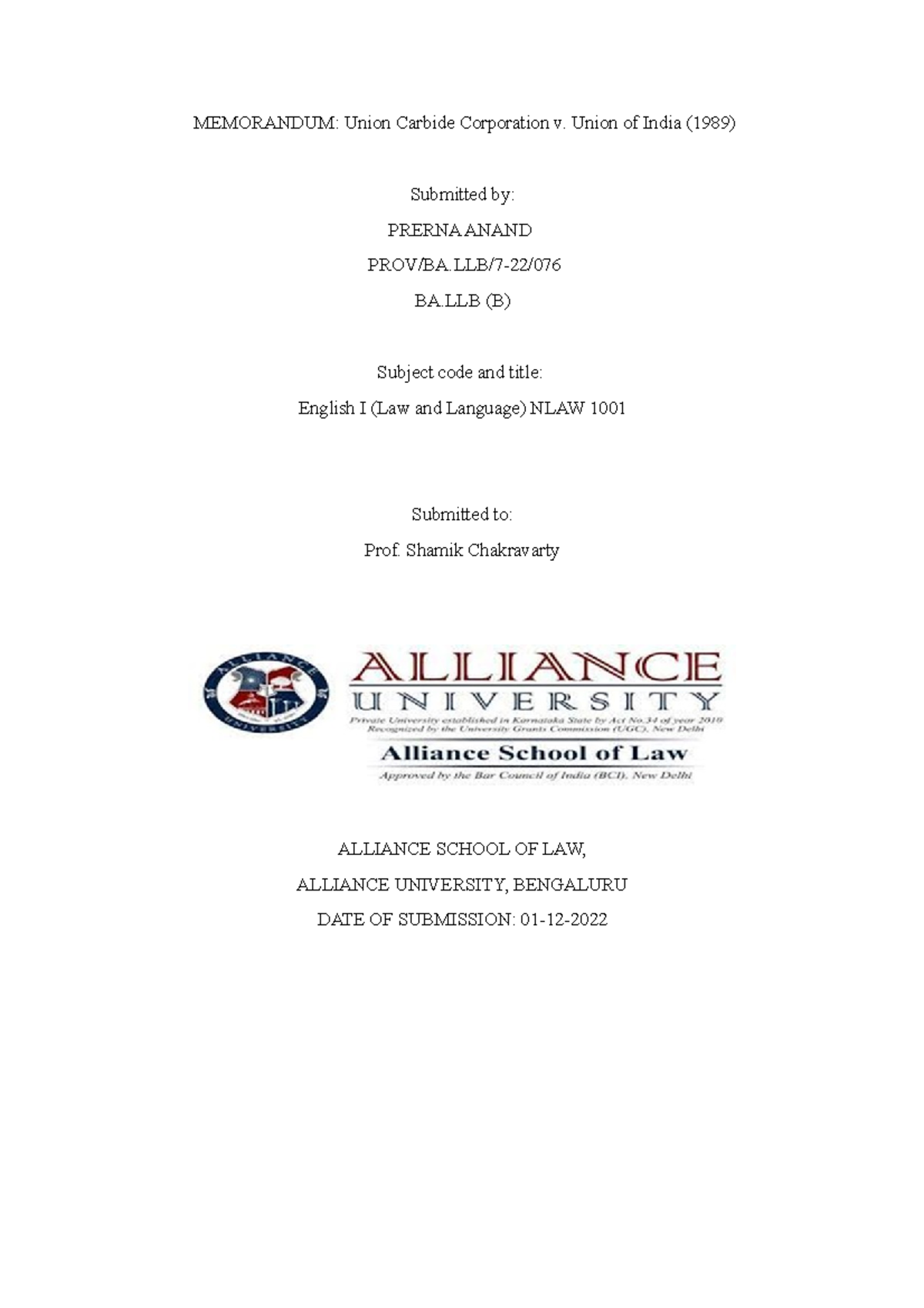 Memo 1 - contract memorandum - MEMORANDUM: Union Carbide Corporation v ...