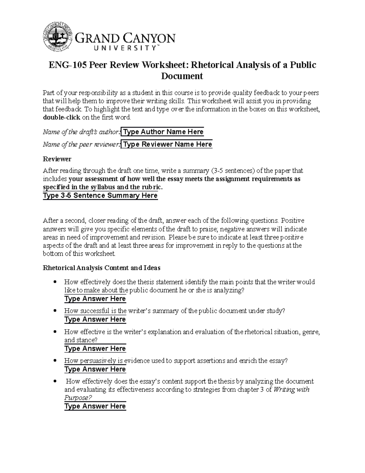 ENG105 Rhetorical Analysis Peer Review Worksheet - ENG-105 Peer Review ...