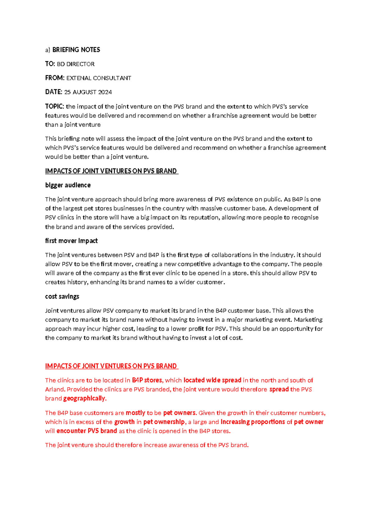 TASK 1 - SBL - a) BRIEFING NOTES TO: BD DIRECTOR FROM: EXTENAL ...