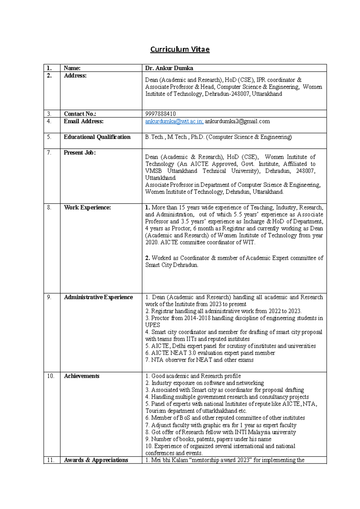 New revised curriculum vitae ankur dumka - Curriculum Vitae Name: Dr ...