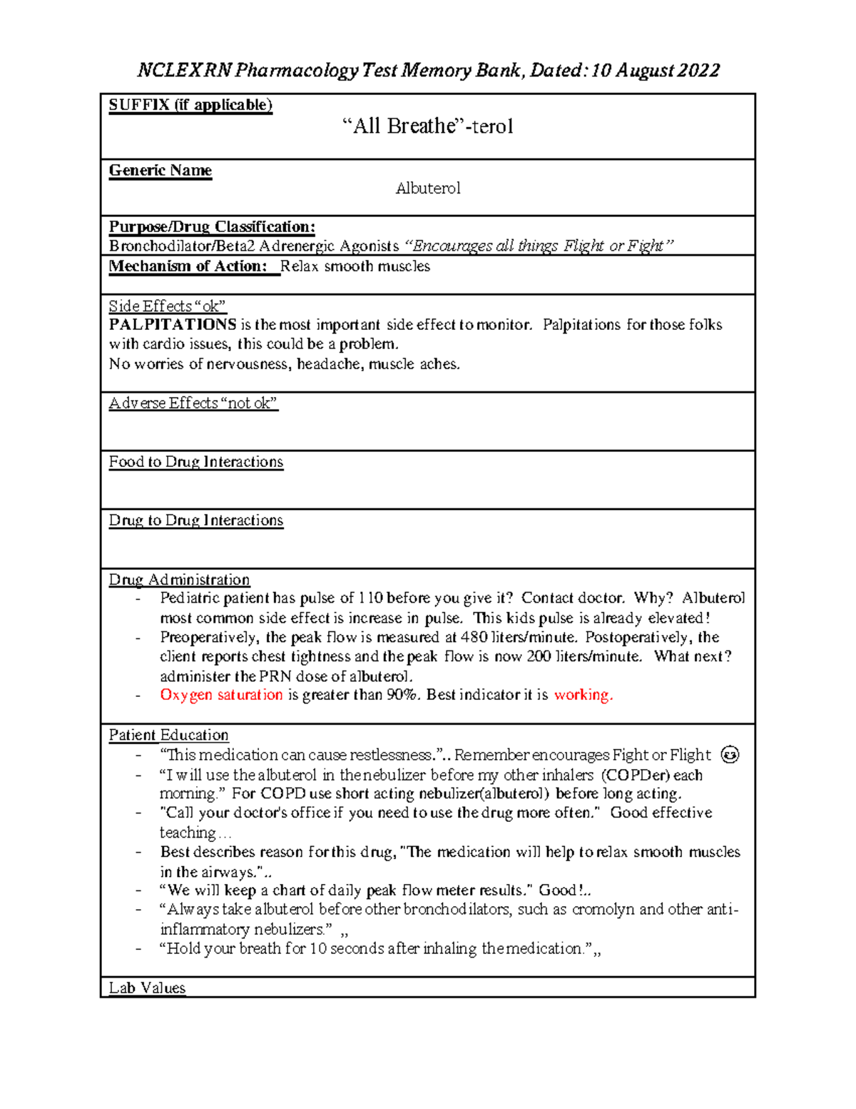 Drugs for N316 2022 - NCLEX RN Pharmacology Test Memory Bank, Dated: 10 ...