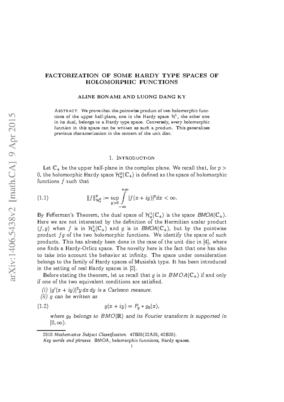 1406 Cours Arxiv 1406 [math] 9 Apr 2015 Factorization Of Some Hardy Type Spaces Of