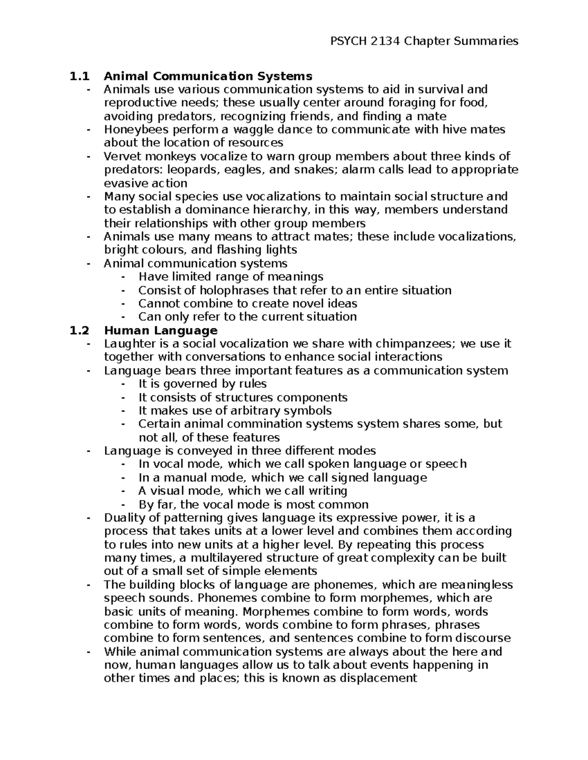 Psych 2134 Chapter Summaries - 1 Animal Communication Systems - Animals ...