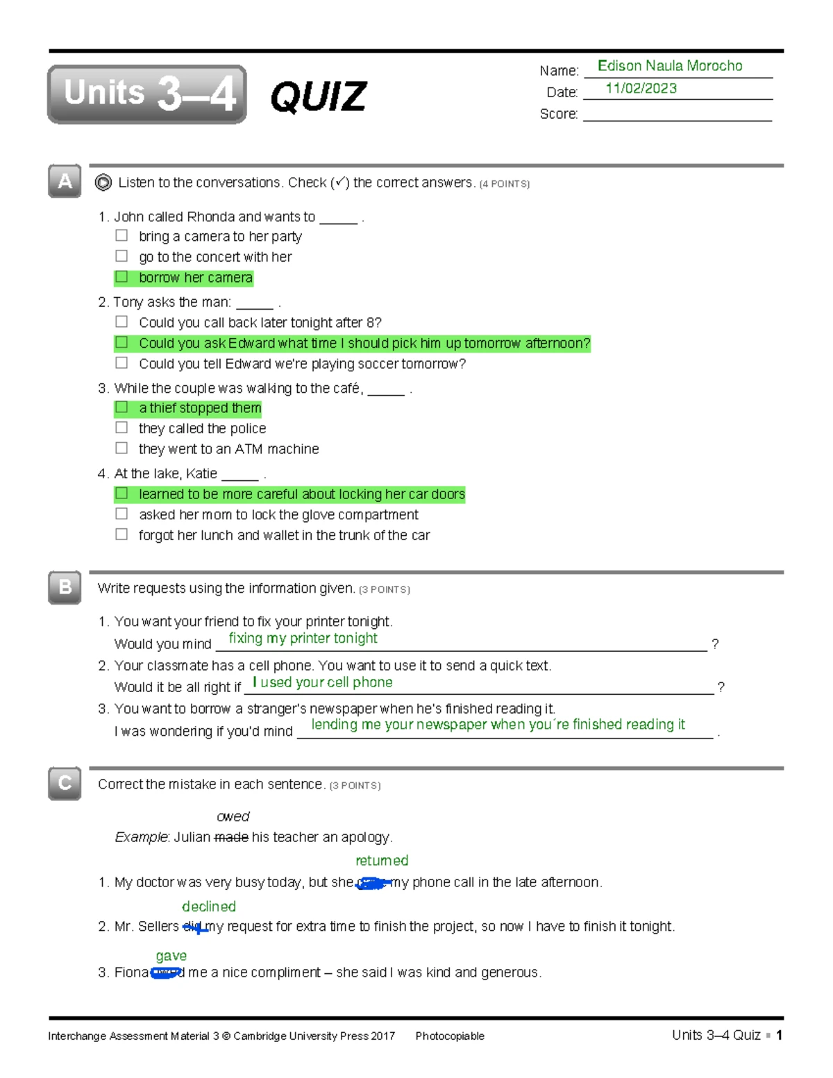 Four Corners 2, Unit 10 Quiz - NAME : Four Corners 2, Unit 10 Quiz 27 ...