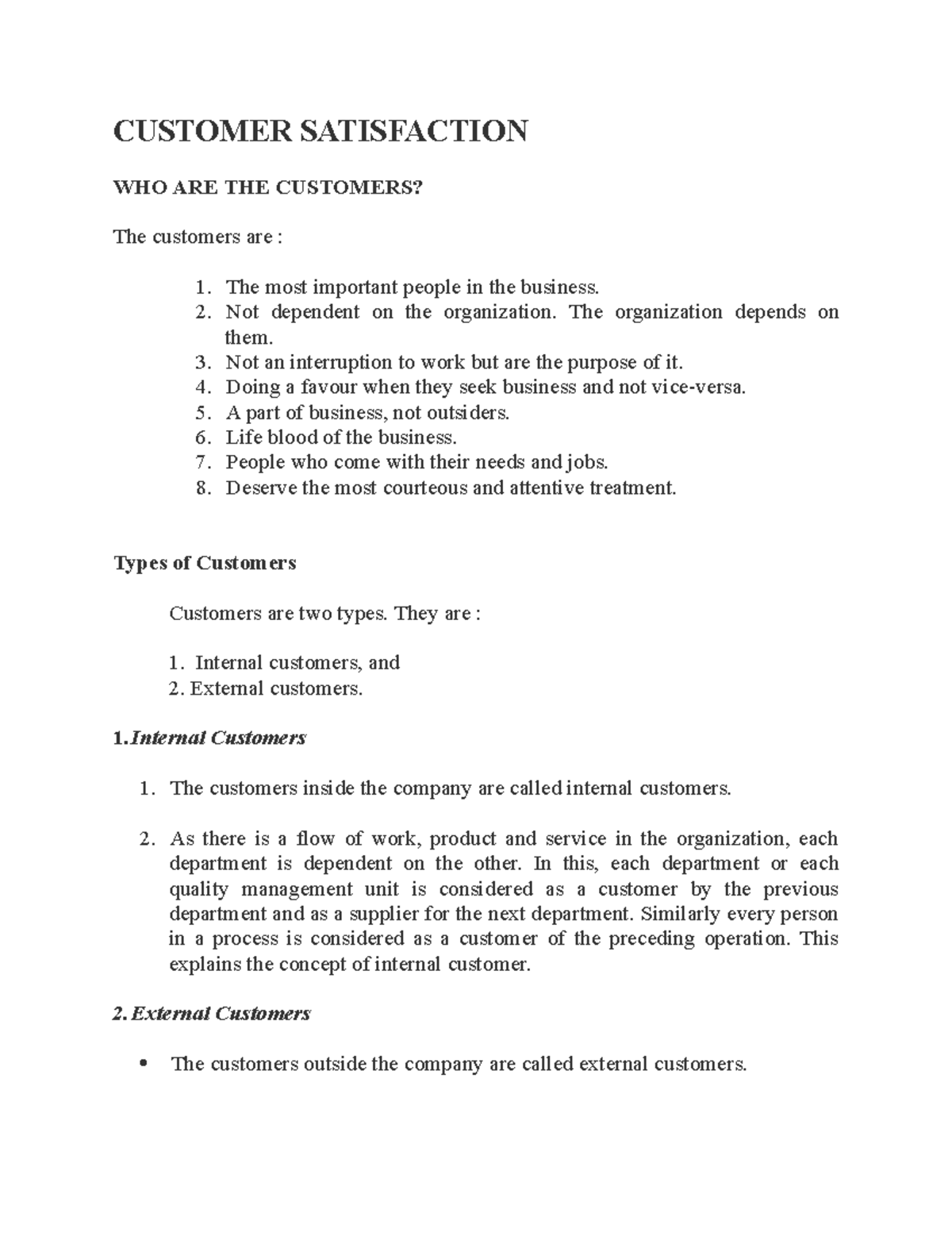 Customer Satisfaction lecture Notes - CUSTOMER SATISFACTION WHO ARE THE ...