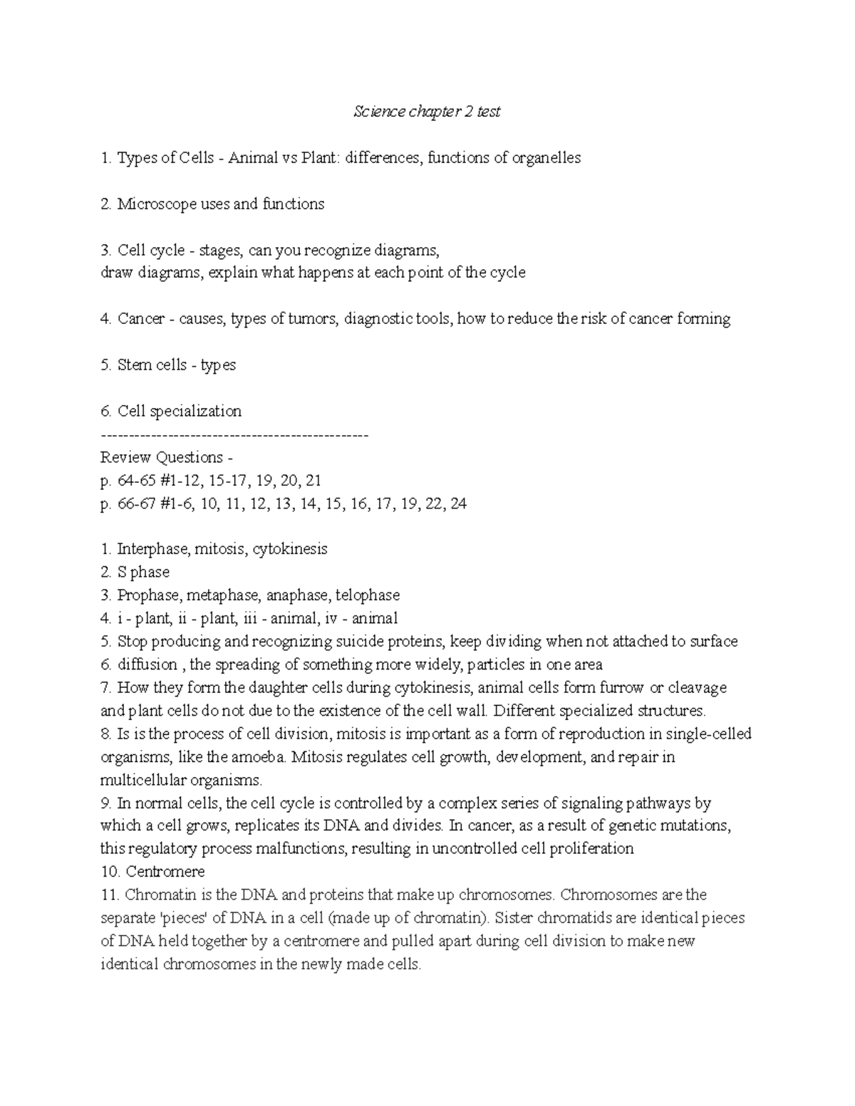 Copy of chapter 2 science test - Science chapter 2 test Types of Cells ...