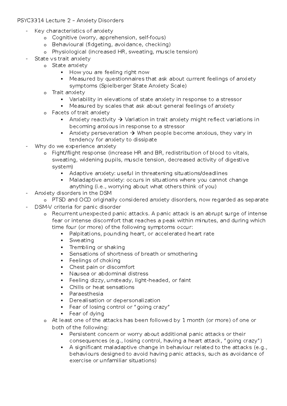 Lecture 2 - Anxiety Disorders - PSYC3314 Lecture 2 – Anxiety Disorders ...