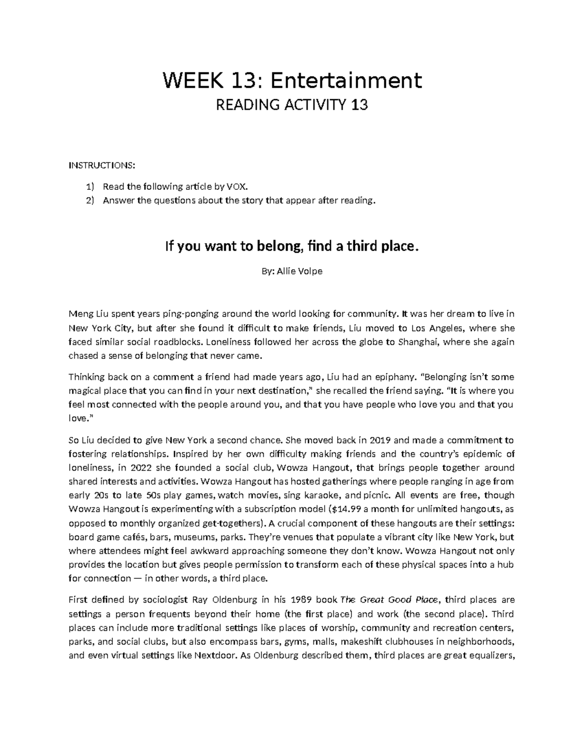 ENG7. WEEK 13 - Reading Activity 13 - WEEK 13: Entertainment READING ...