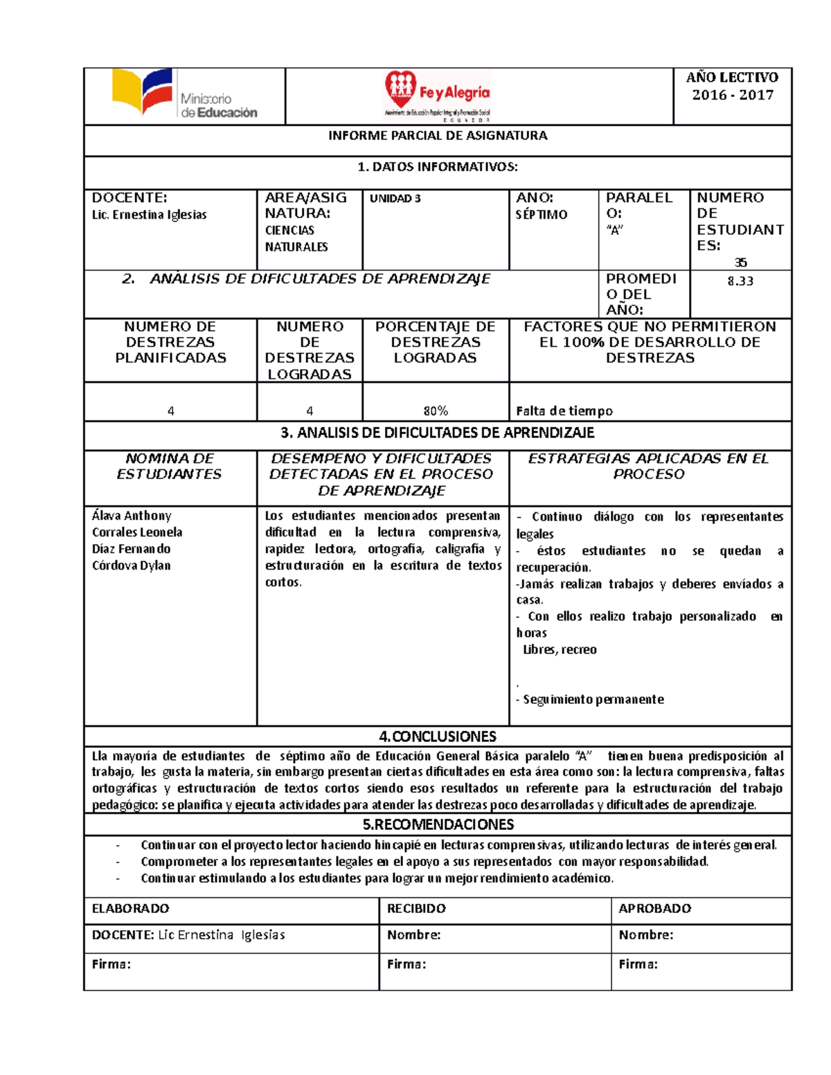 Informe Parcial DE Asignatura bloque 3 1 - AÑO LECTIVO 2016 - 2017 ...