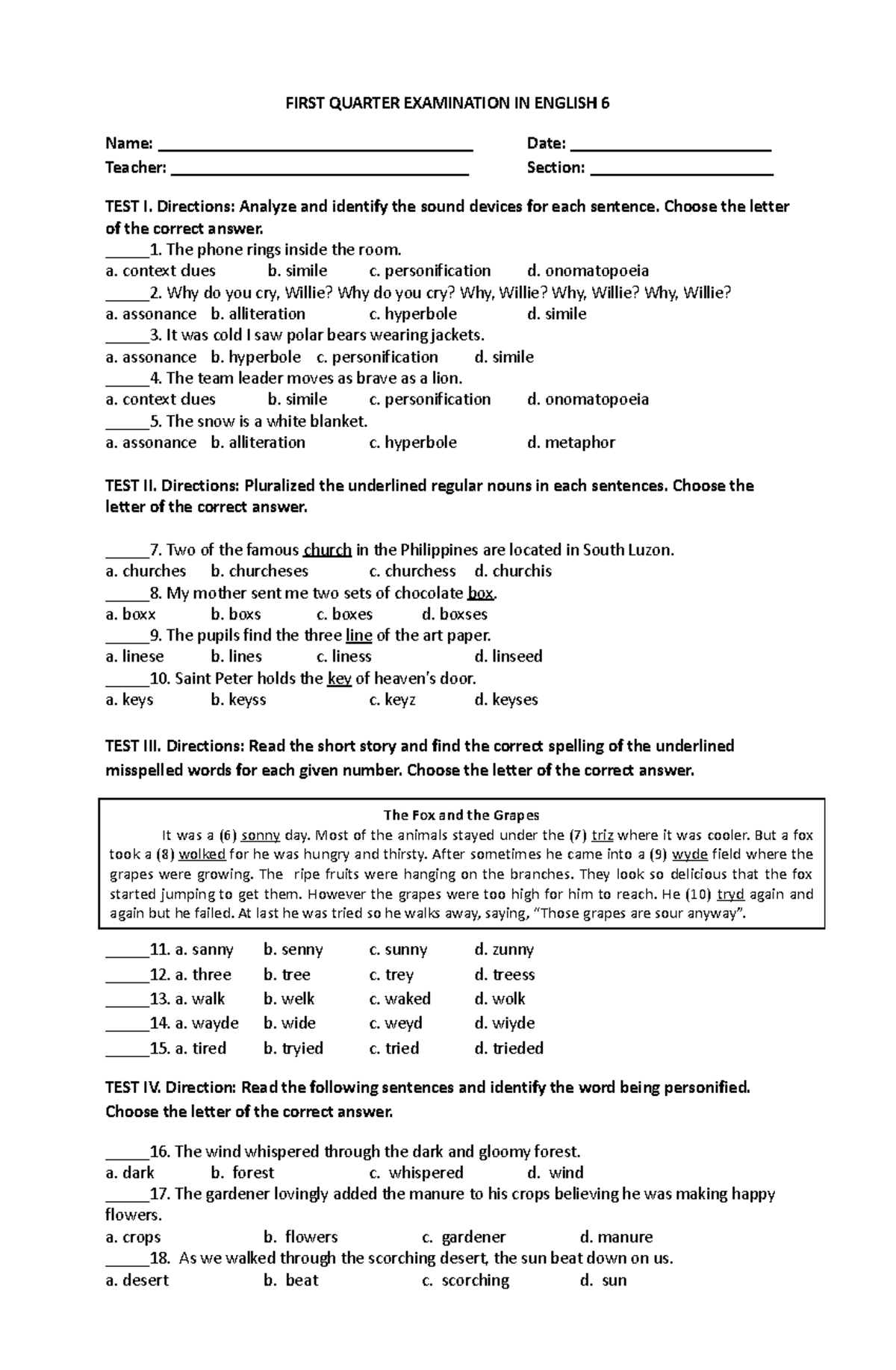 1st Quarter Test in Science 6 With Tos and Key to Correction.docx ...