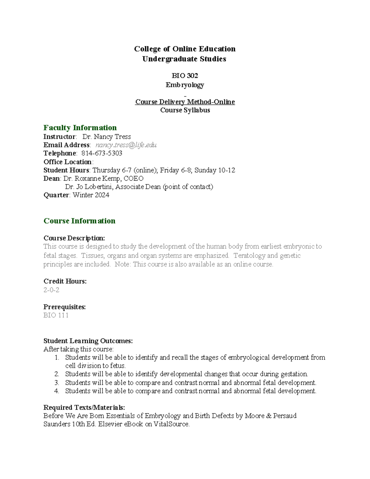 BIO302 Tress Winter 2024 - College of Online Education Undergraduate ...