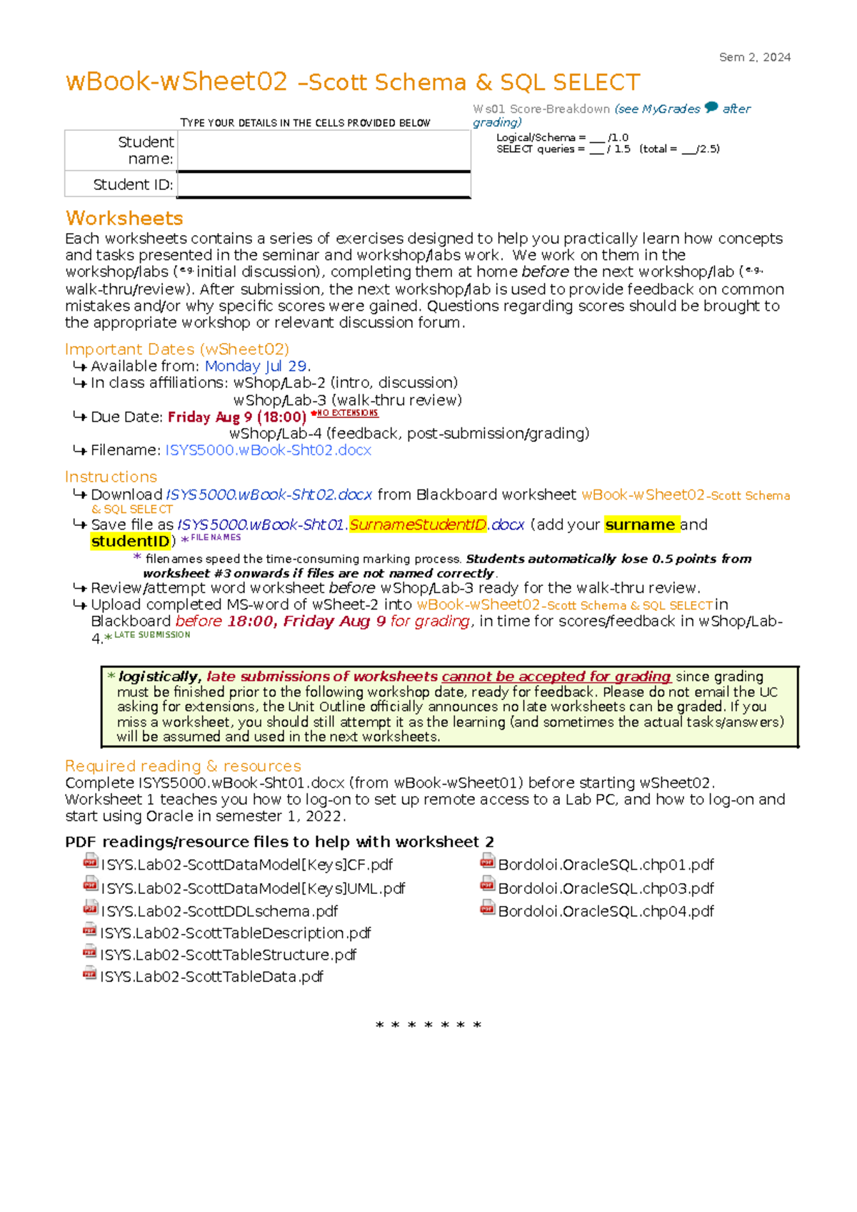 ISYS5000 - SDDSGFDR - wBook-wSheet02 –Scott Schema & SQL SELECT TYPE ...
