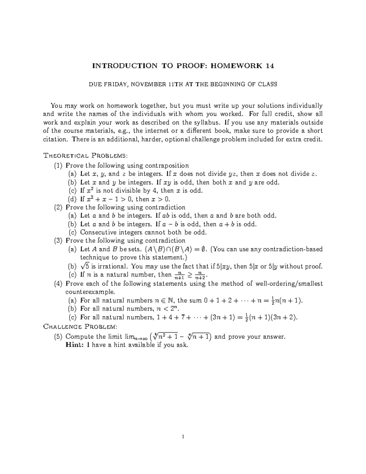 Homework 14 - INTRODUCTION TO PROOF: HOMEWORK 14 DUE FRIDAY, NOVEMBER 11TH AT THE BEGINNING OF ...