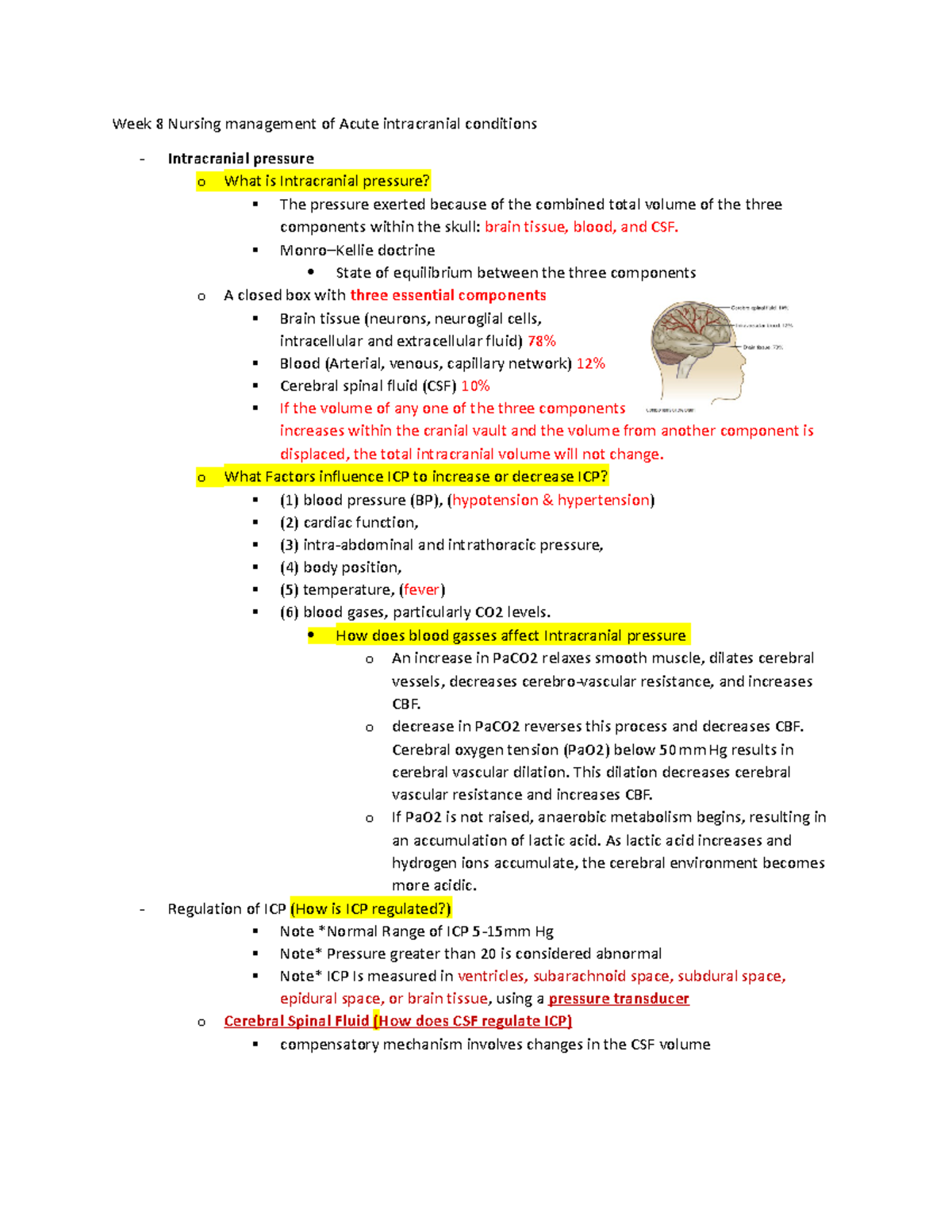 Brain injury notes 4526 - Week 8 Nursing management of Acute ...