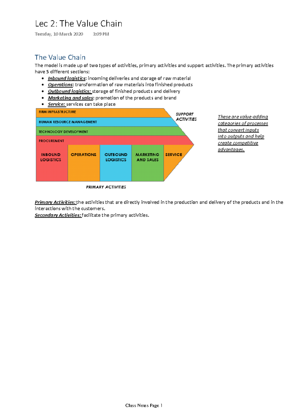 Info Sys 110 Lecture Notes And All Summary Notes From All Topics The Value Chain The Model