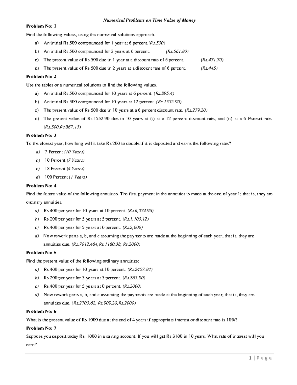 Time-vaue - Question of time value of money - Numerical Problems on ...