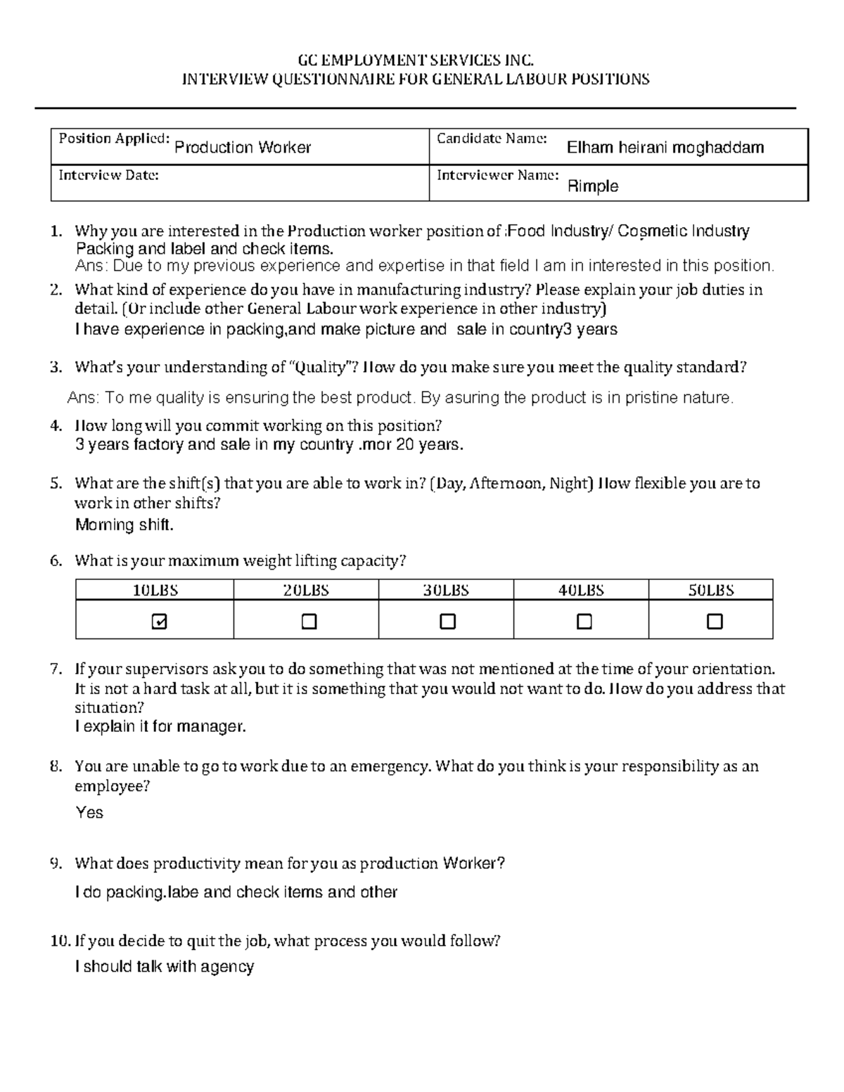 General Labour interview questionnaire Rimplek-Answered - INTERVIEW ...