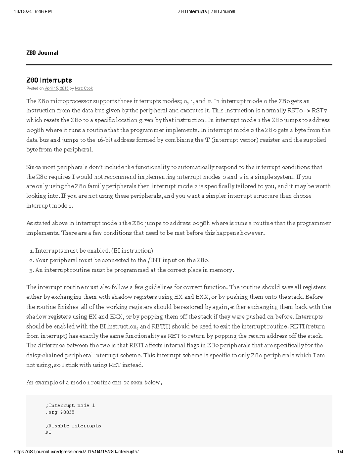 Z80 Interrupts Z80 Journal - Z80 Interrupts Posted on April 15, 2015 by Matt Cook The Z80 - Studocu