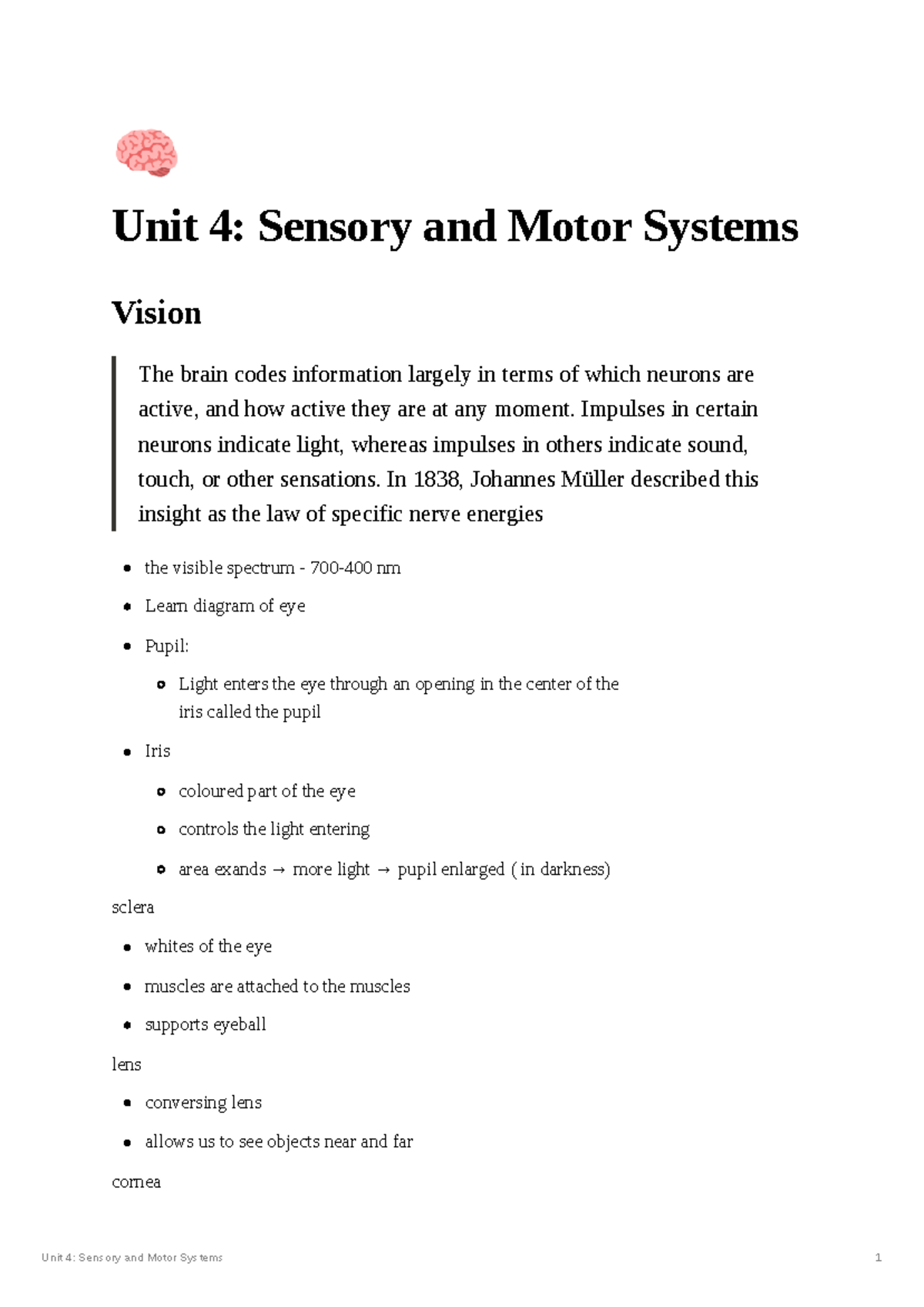 Unit 4 Sensory and Motor Systems - 🧠 Unit 4: Sensory and Motor Systems ...