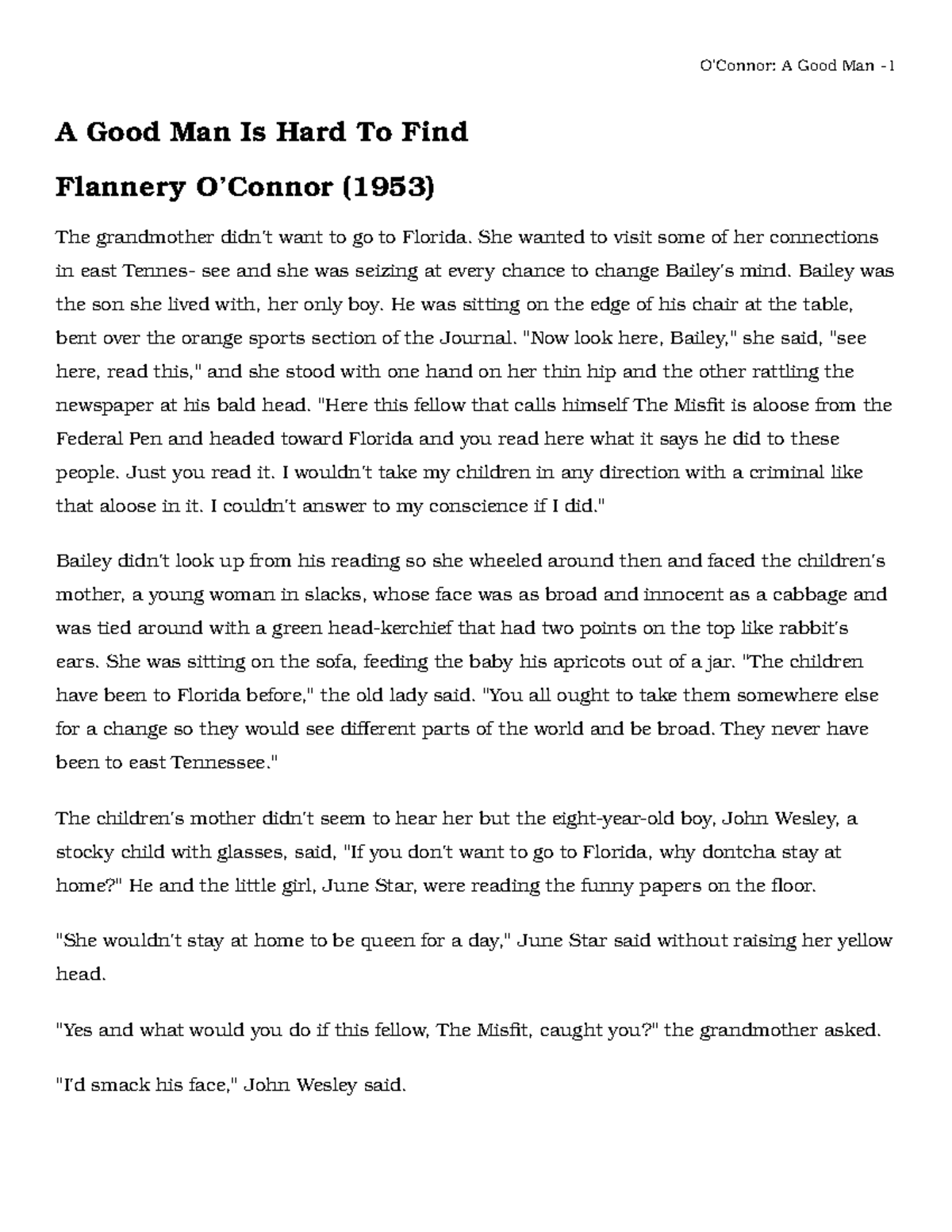 O Connor - A Good Man Is Hard To Find - O’Connor: A Good Man -1 A Good ...