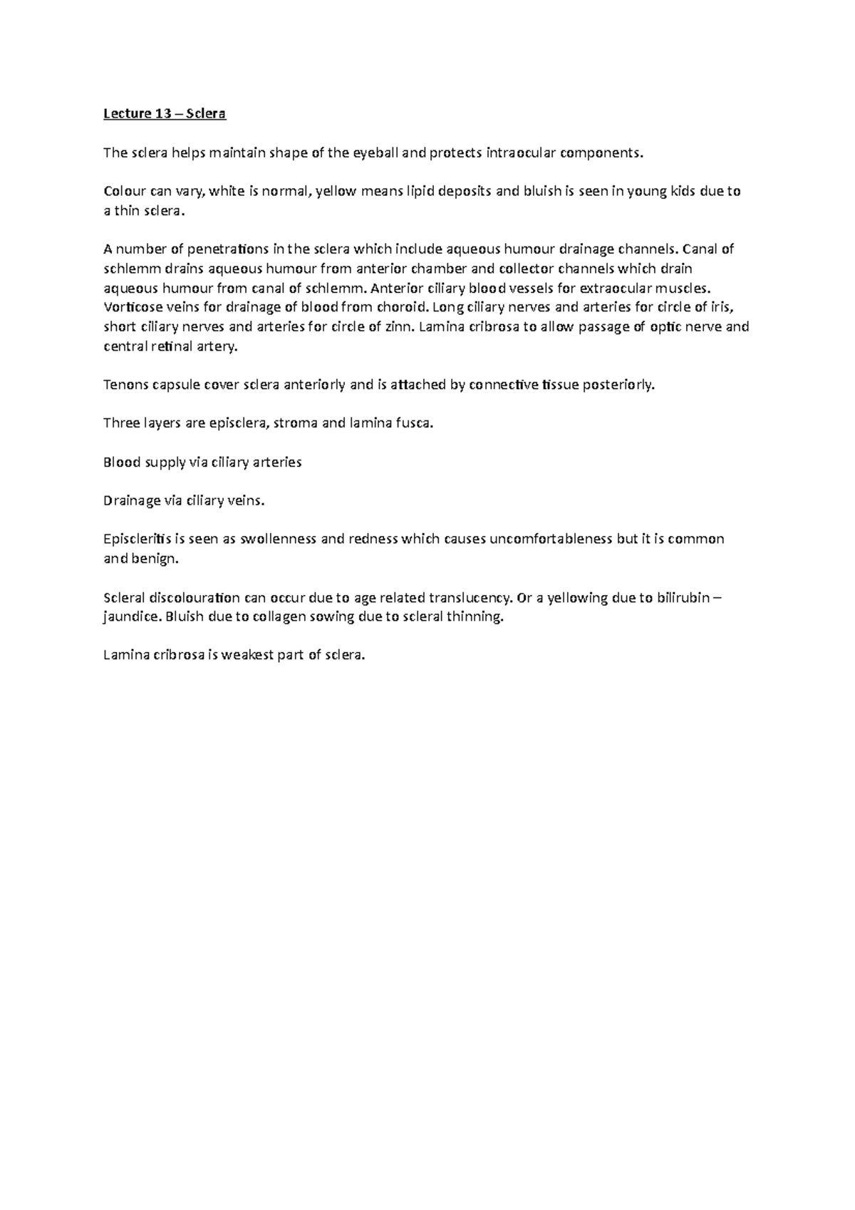 Lecture 13 – Sclera - Summary Of CVB - Lecture 13 – Sclera The sclera ...
