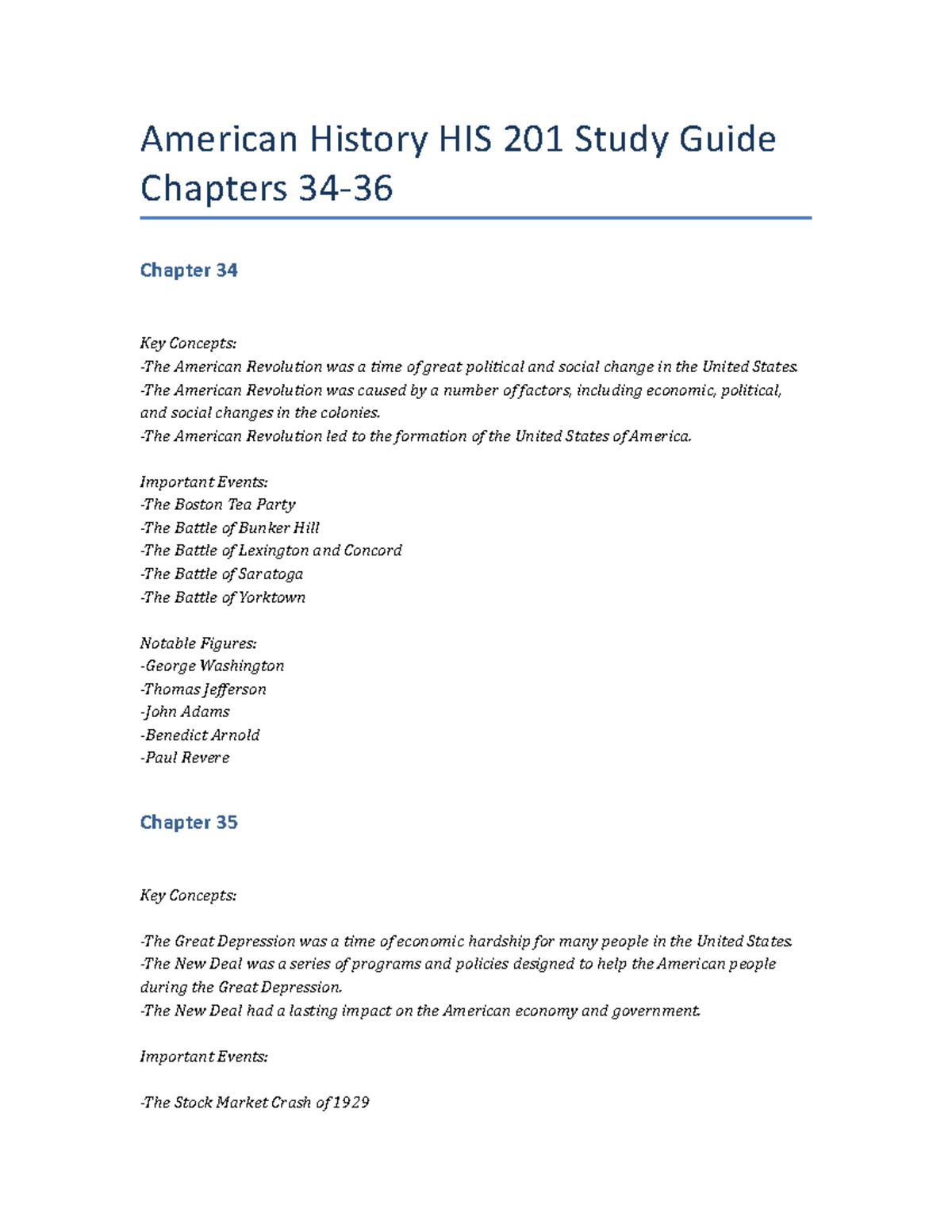 American History HIS 201 Study Guide Chapters 34-36 - American History ...