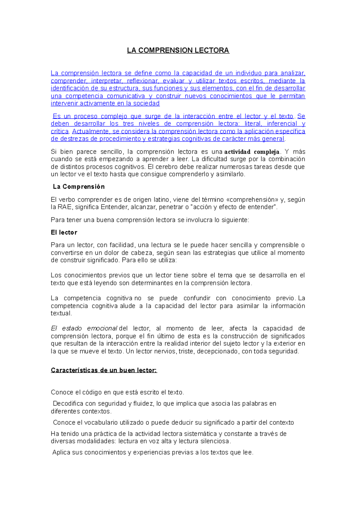 LA Comprension Lectora - LA COMPRENSION LECTORA La comprensión lectora ...