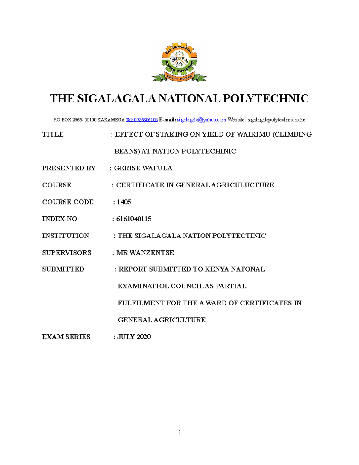 Gerise-1 - Project - THE SIGALAGALA NATIONAL POLYTECHNIC P BOX 2966 ...