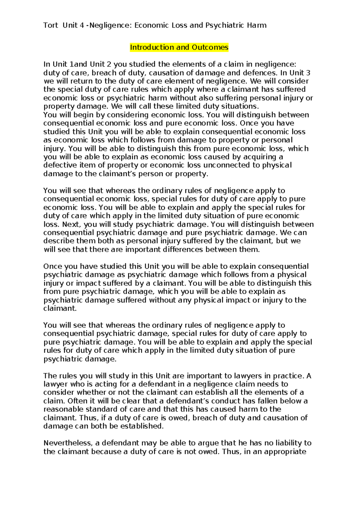 Unit 3 Tort Law notes - Introduction and Outcomes In Unit 1and Unit 2 ...