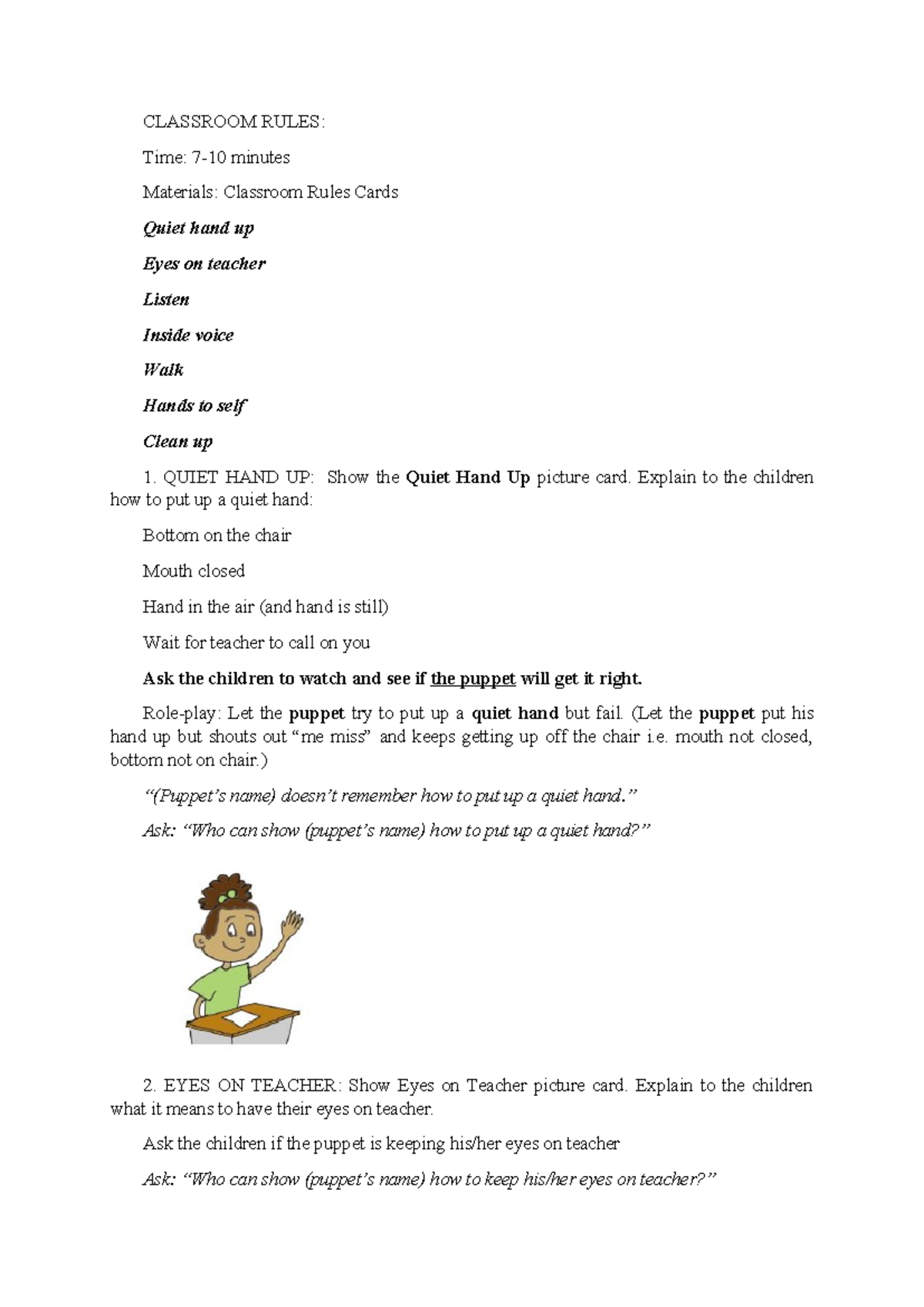 Classroom Rules - lesson plan - CLASSROOM RULES: Time: 7-10 minutes ...