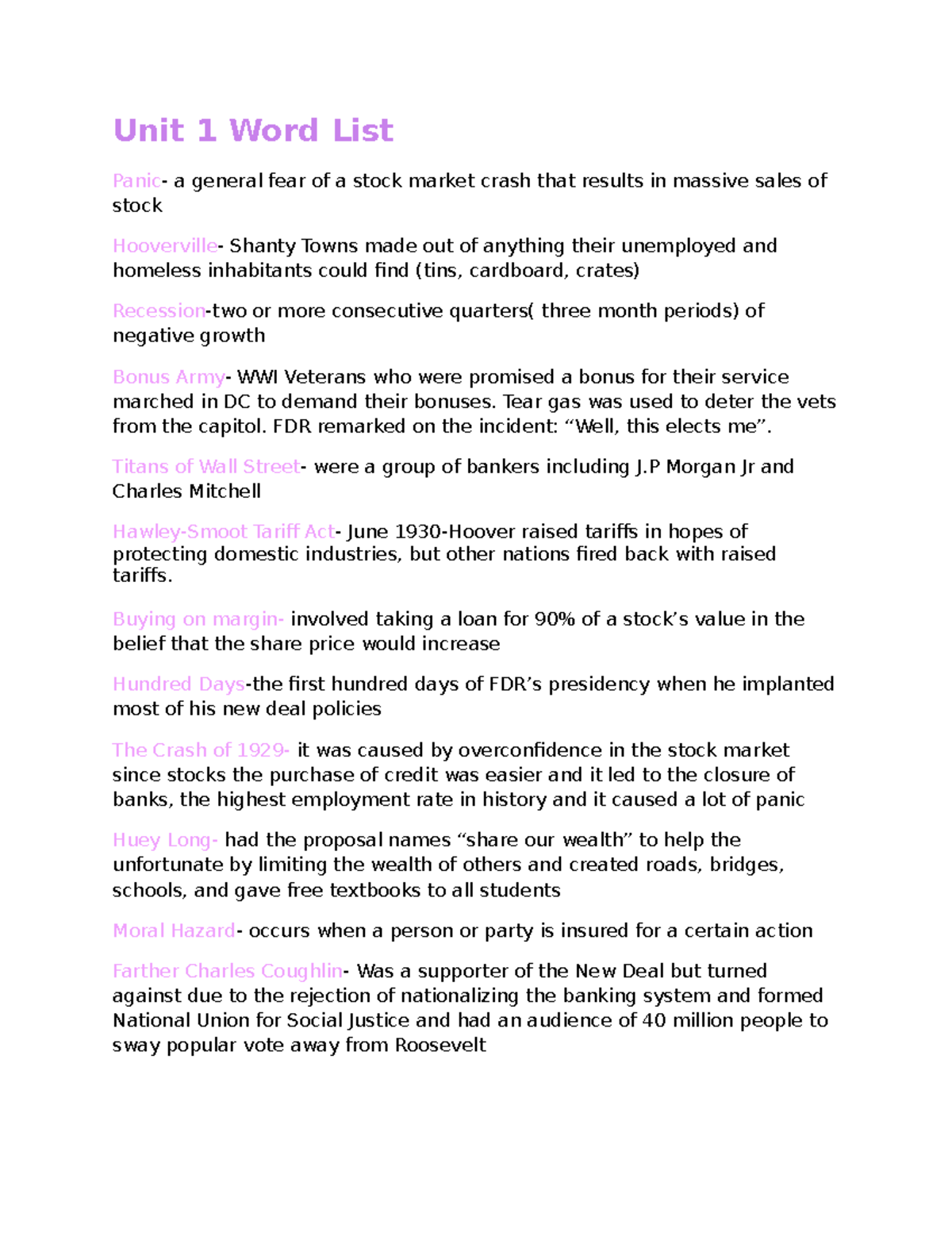 New Unit 1 Word List - wordlist on unit 1 - Unit 1 Word List Panic- a ...