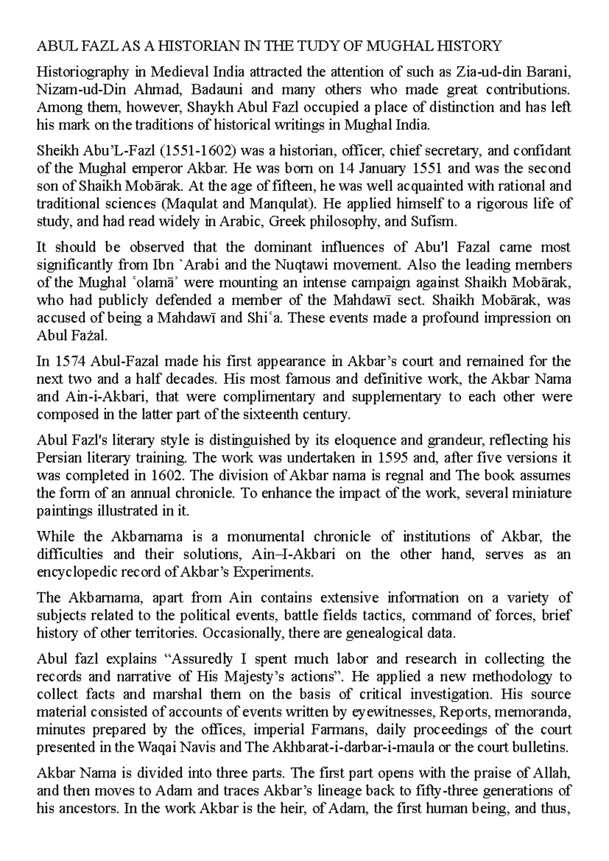 ABUL FAZL - NOTE ON ABUL FAZL - ABUL FAZL AS A HISTORIAN IN THE TUDY OF ...