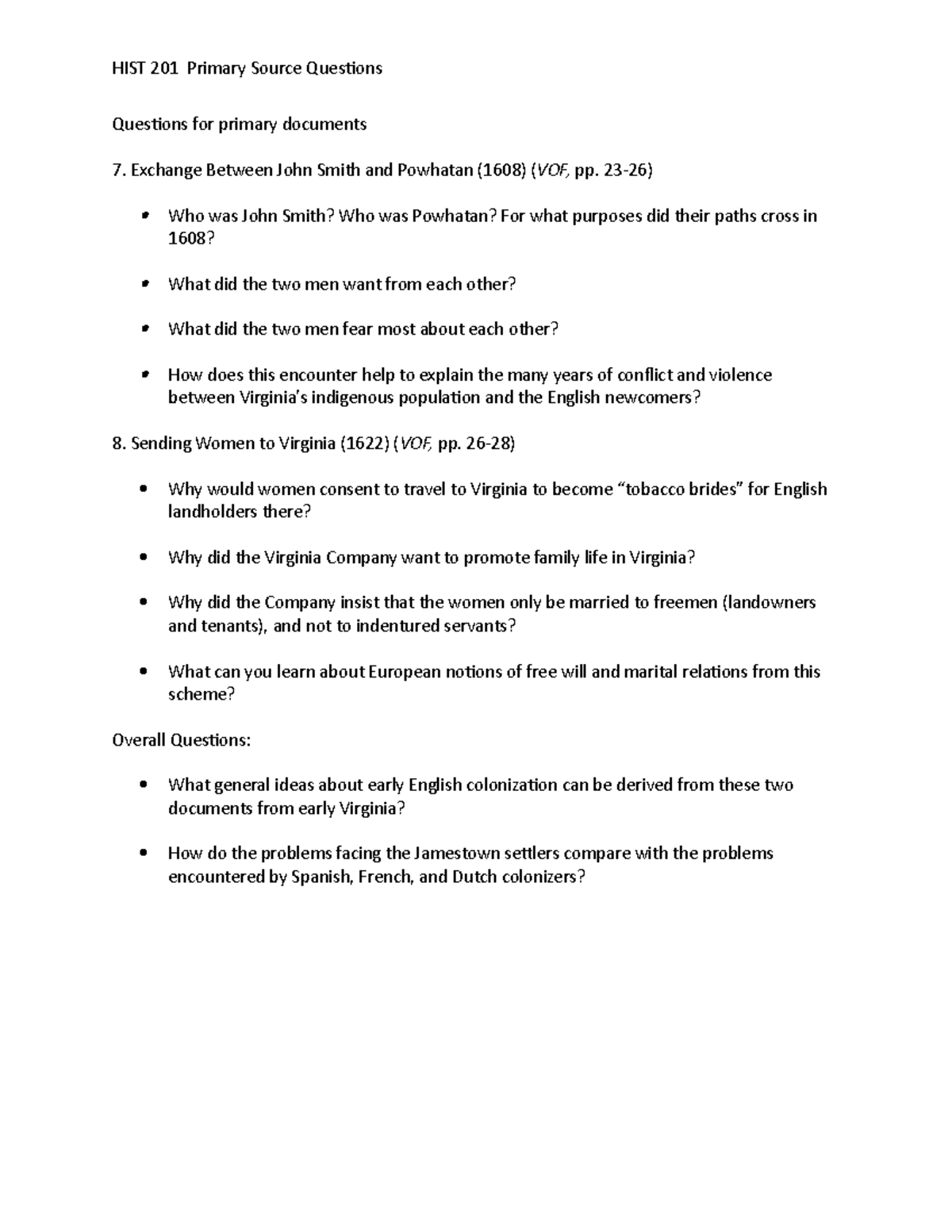 Questions for Primary Documents for English Exploration - HIST 201 ...