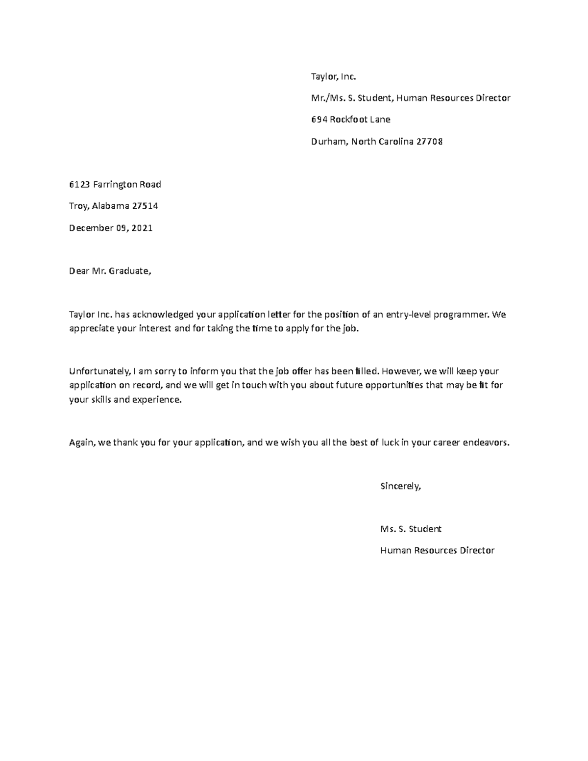 Response Letter Joselda Olermo - Taylor, Inc./Ms. S. Student, Human ...