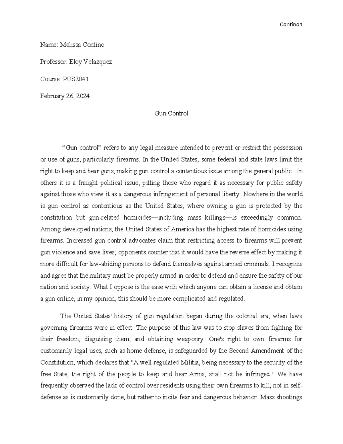 Gun control - essay - Name: Melissa Contino Professor: Eloy Velazquez ...